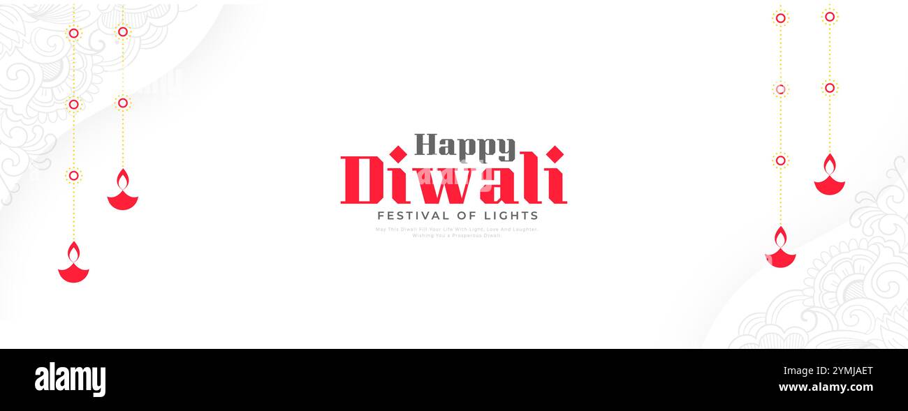 traditional happy diwali festive white banner with hanging diya vector ...
