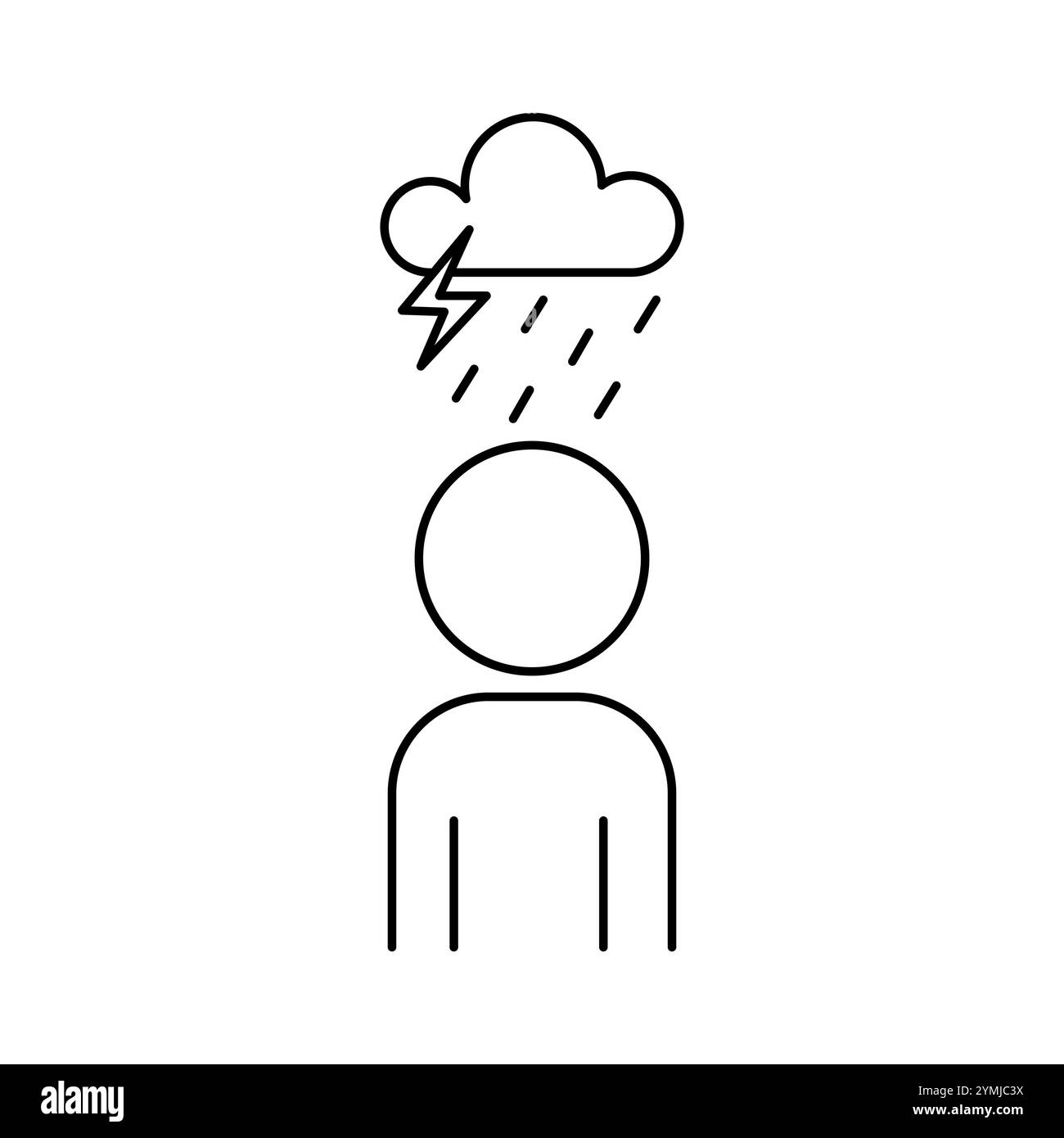 Rain cloud icon. Storm symbol illustration. Person under weather. Line ...