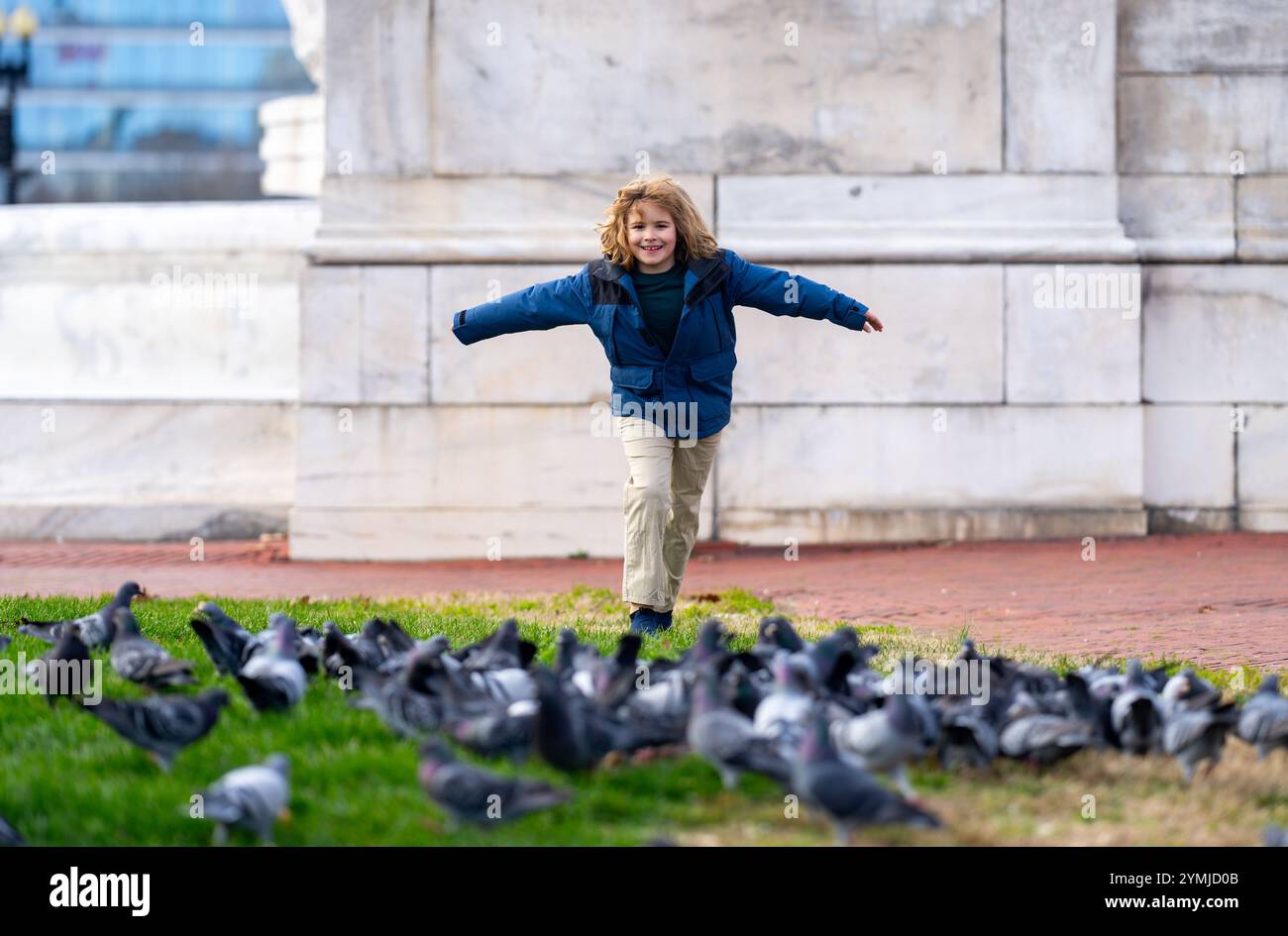 Carefree child chasing birds on autumn day. Child run for pigeons ...