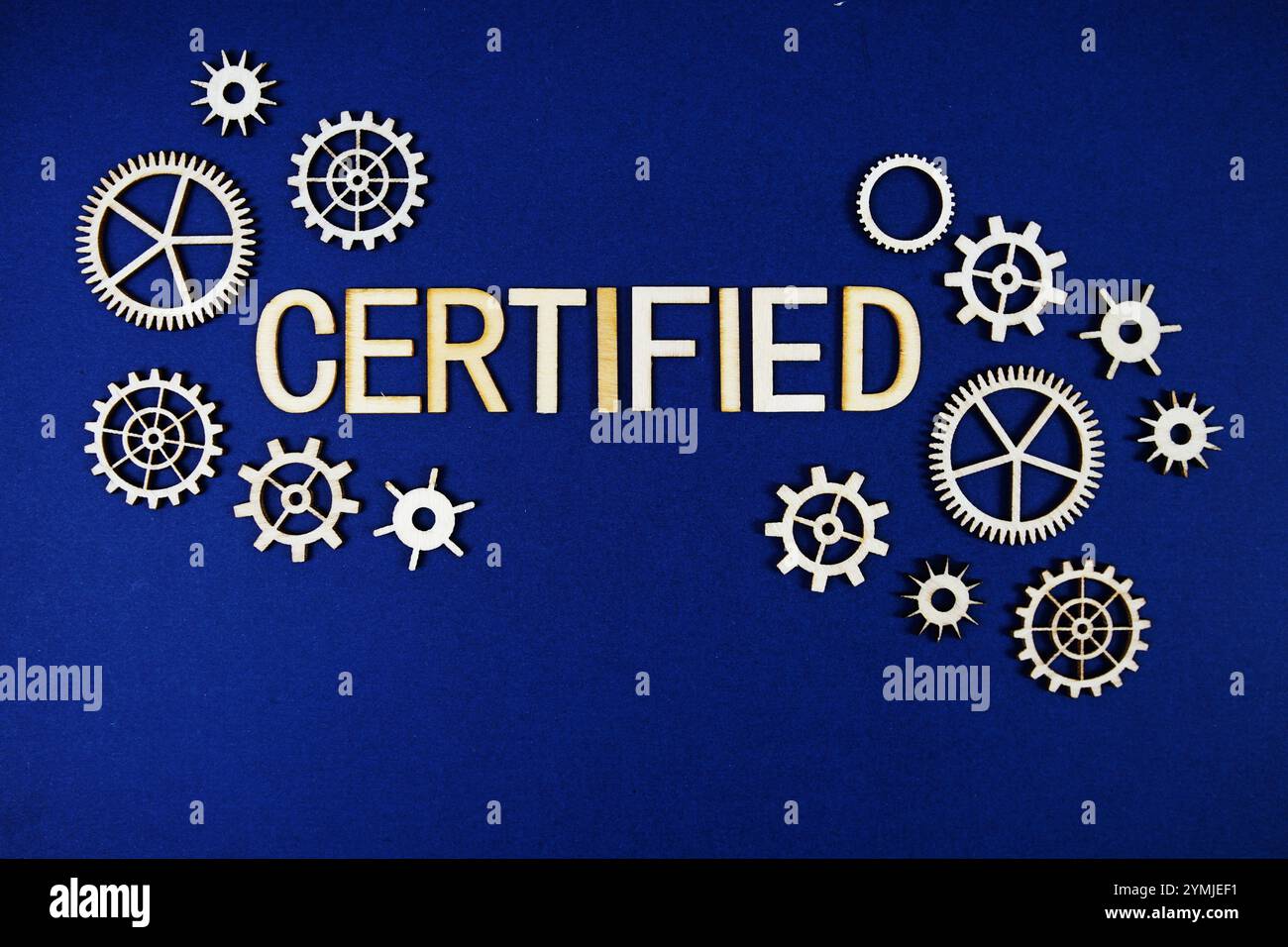 Certified alphabet letters with gears element on navy blue background ...