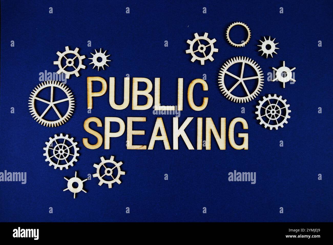 Public Speaking alphabet letters with gears element on navy blue ...