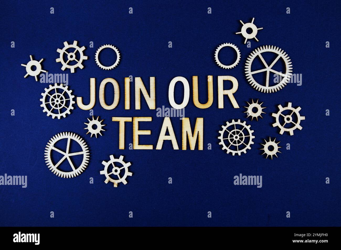 Join Our Team alphabet letters with gears element on navy blue ...