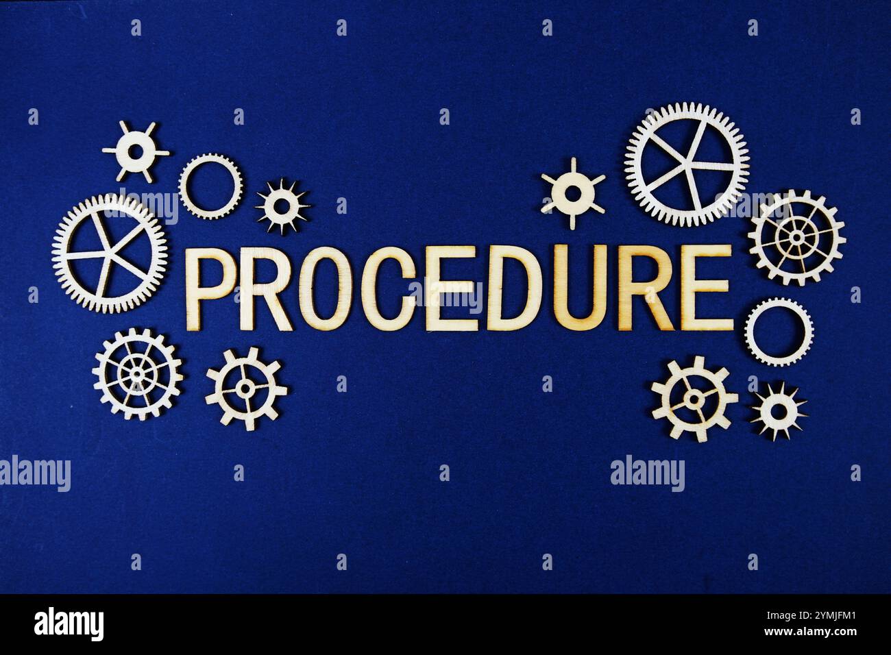 Procedure alphabet letters with gears element on navy blue background ...