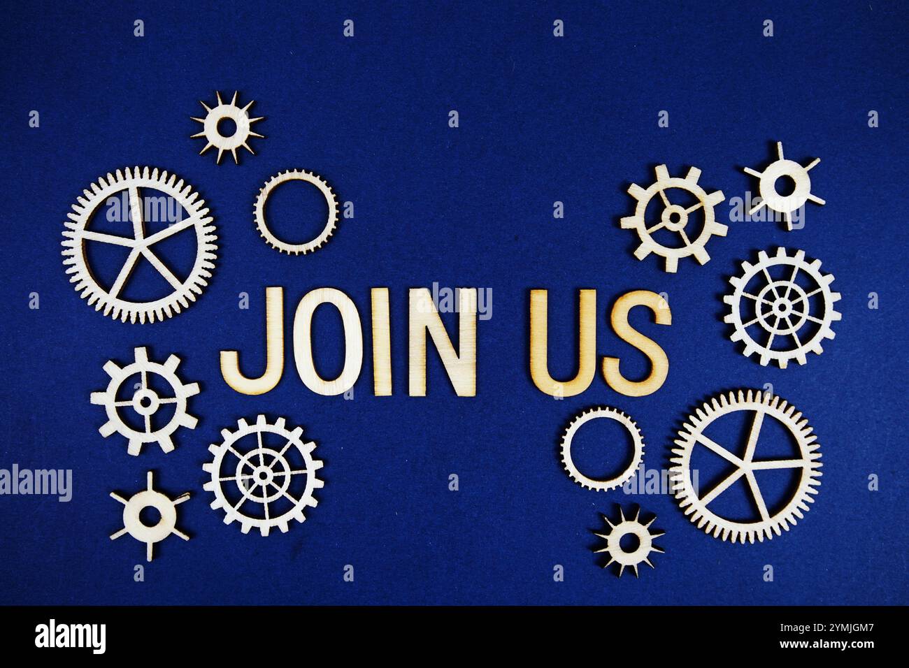 Join Us alphabet letters with gears element on navy blue background ...