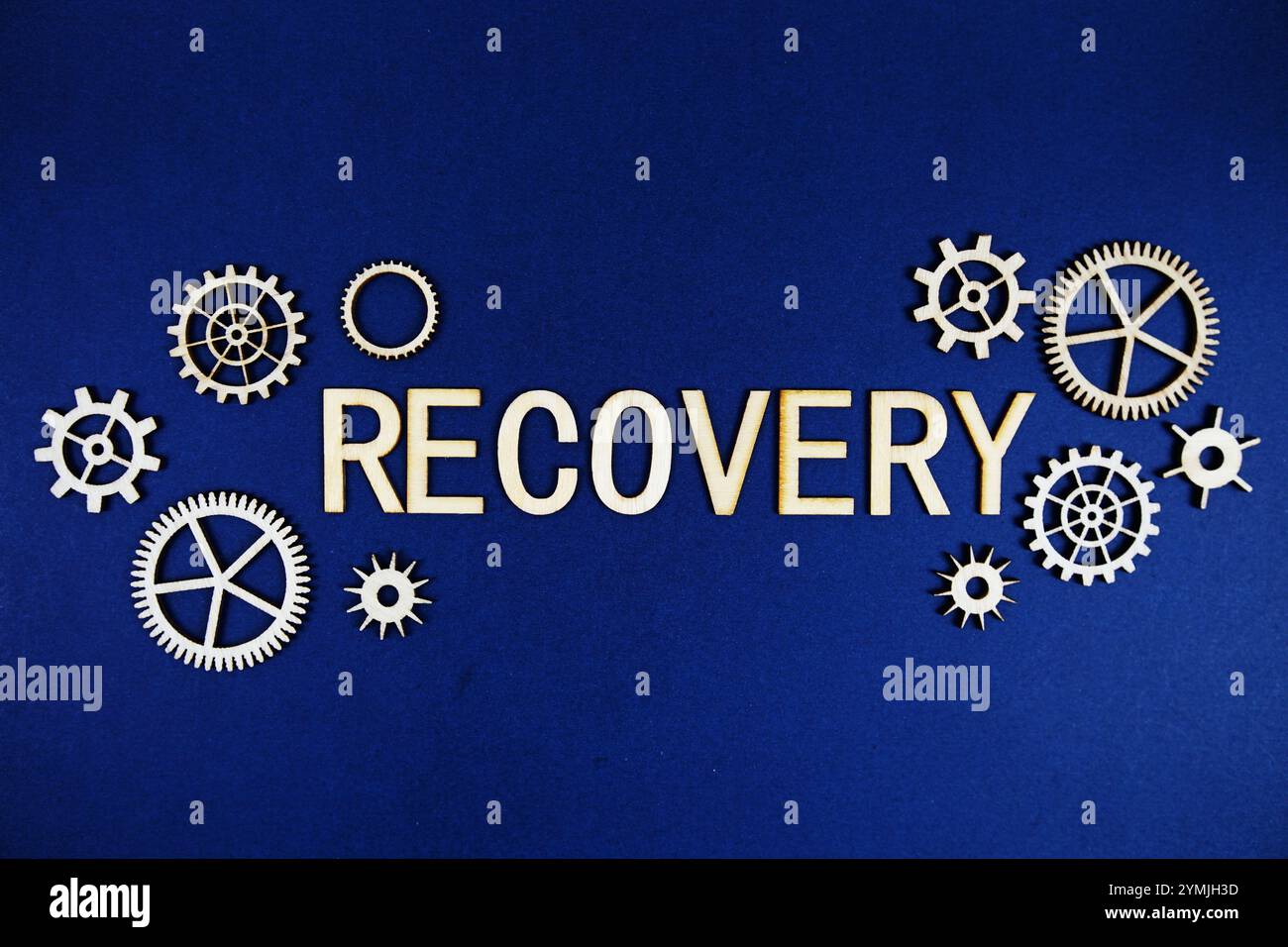 Recovery alphabet letters with gears element on navy blue background ...