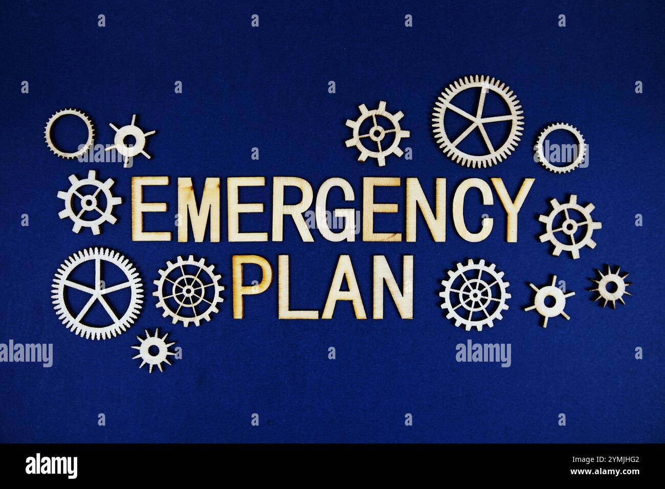 Emergency Plan alphabet letters with gears element on navy blue ...