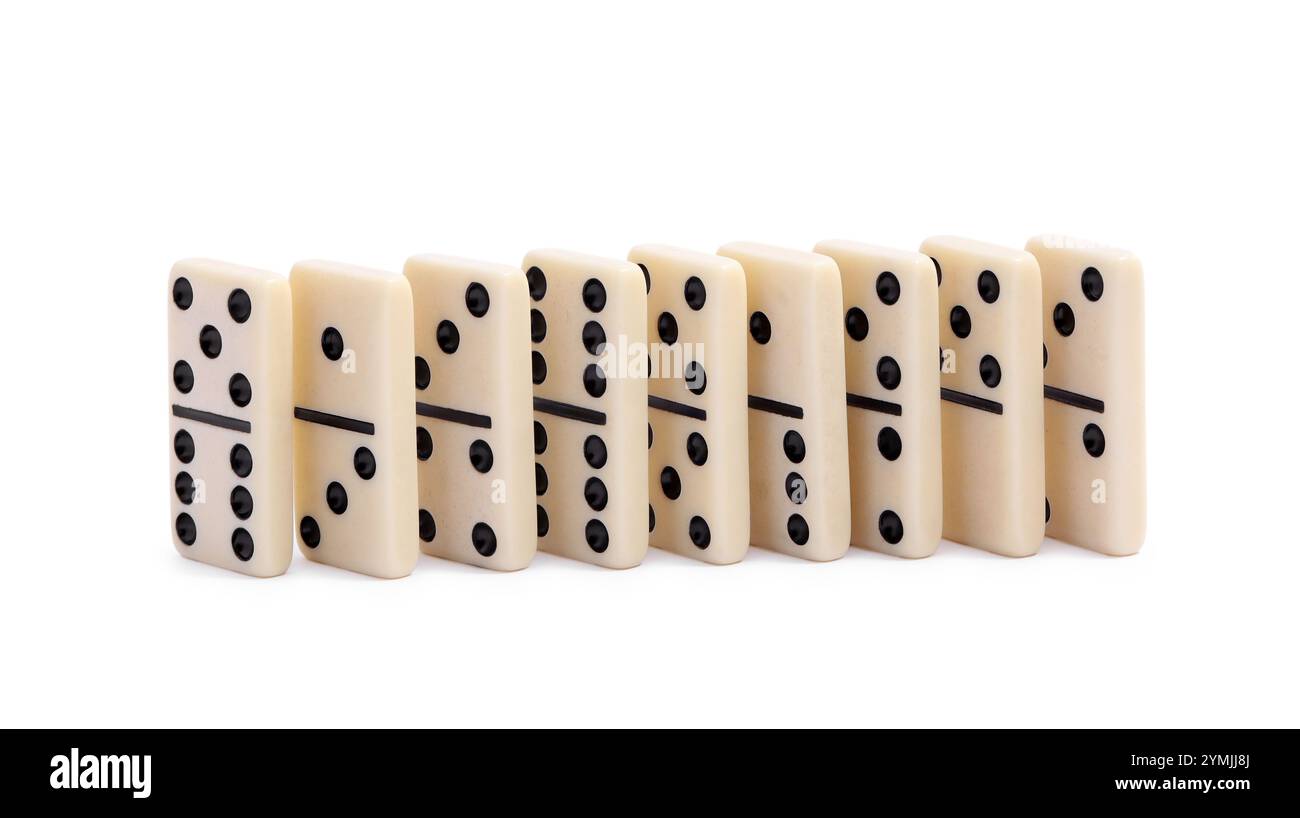 White domino tiles with black pips isolated on white Stock Photo - Alamy