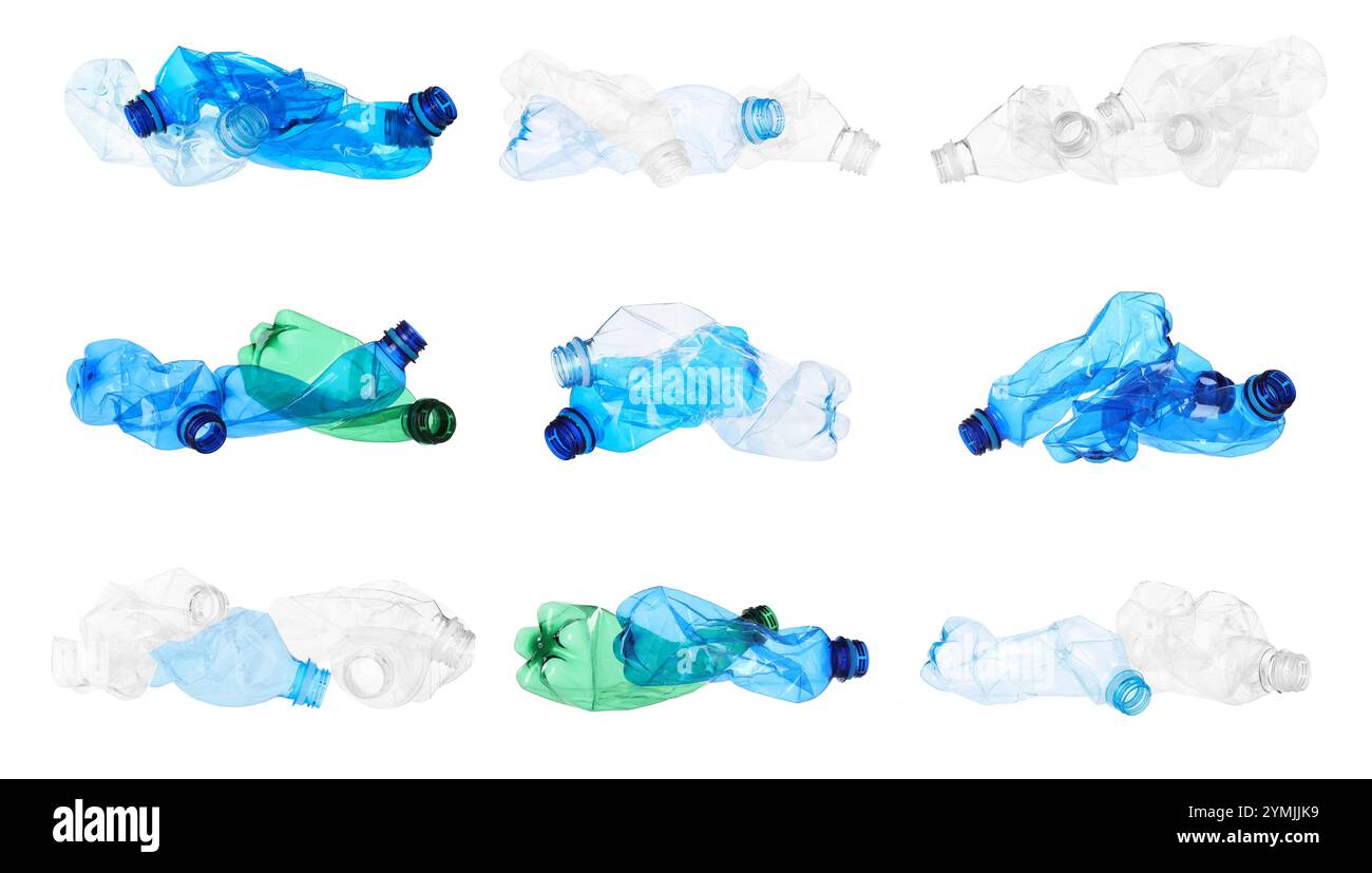 Many crumpled plastic bottles on white background, collage Stock Photo ...