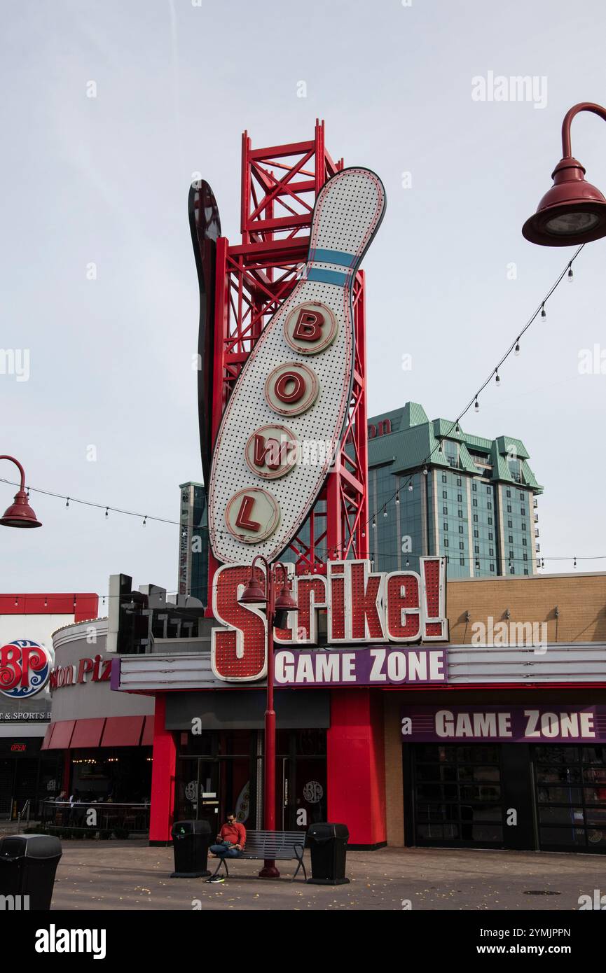 Bowl strike game zone sign on Clifton Hill in Niagara Falls, Ontario ...