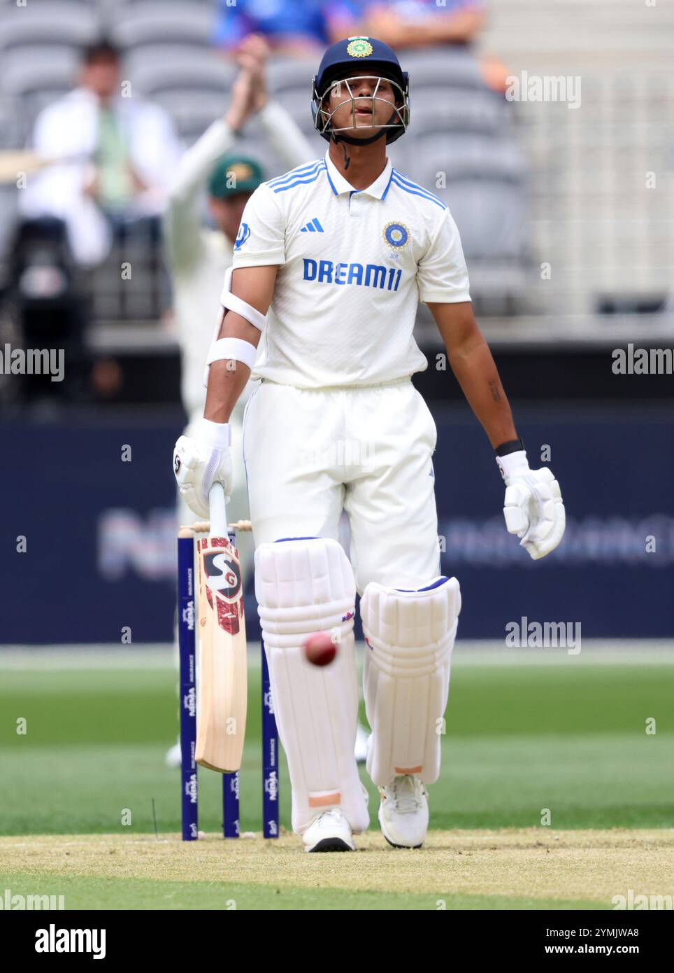 India's Yashasvi Jaiswal reacts as he bats during play in the first ...