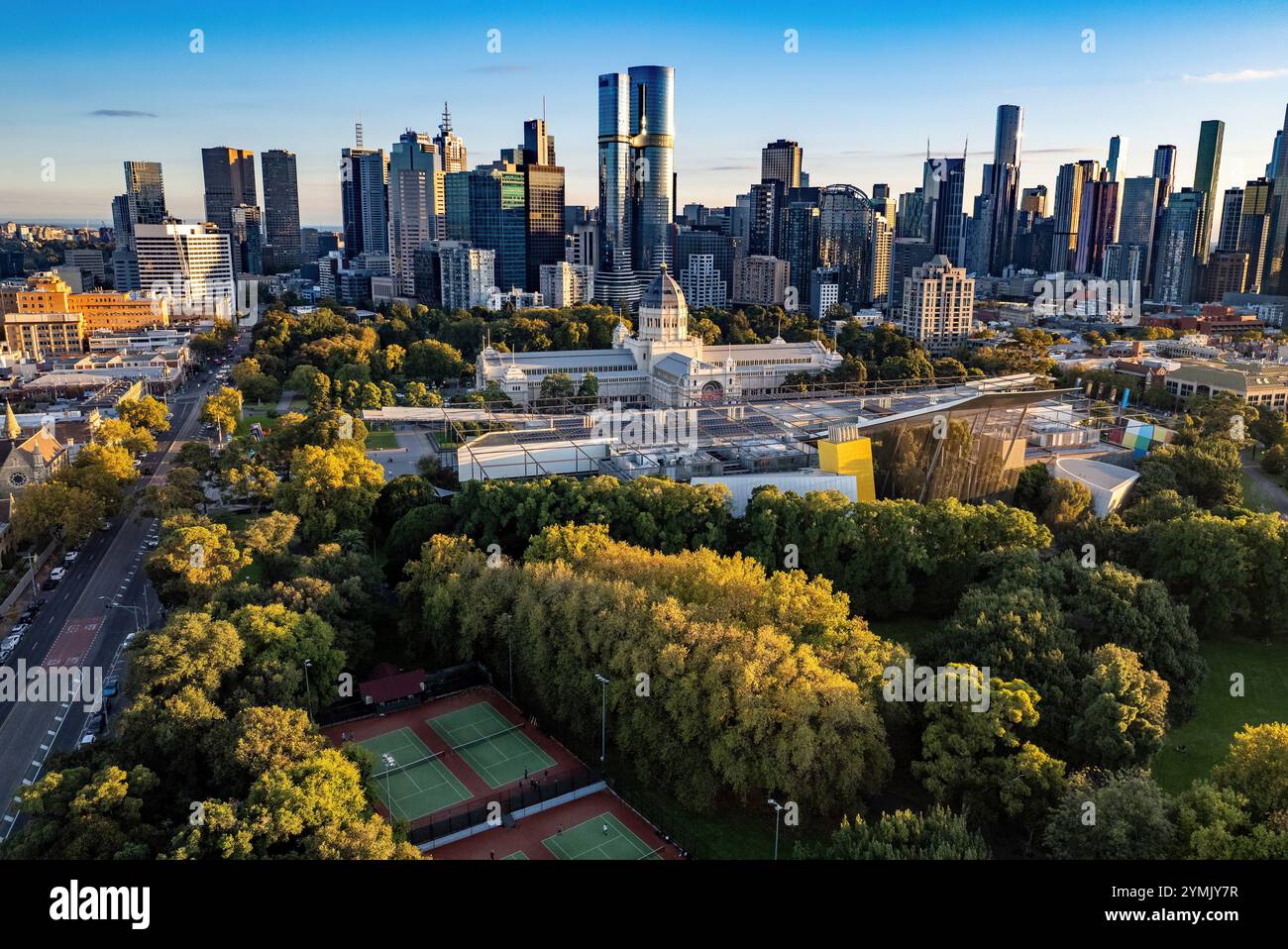 Aerial view of Melbourne city skyline and Carlton Gardens with the ...
