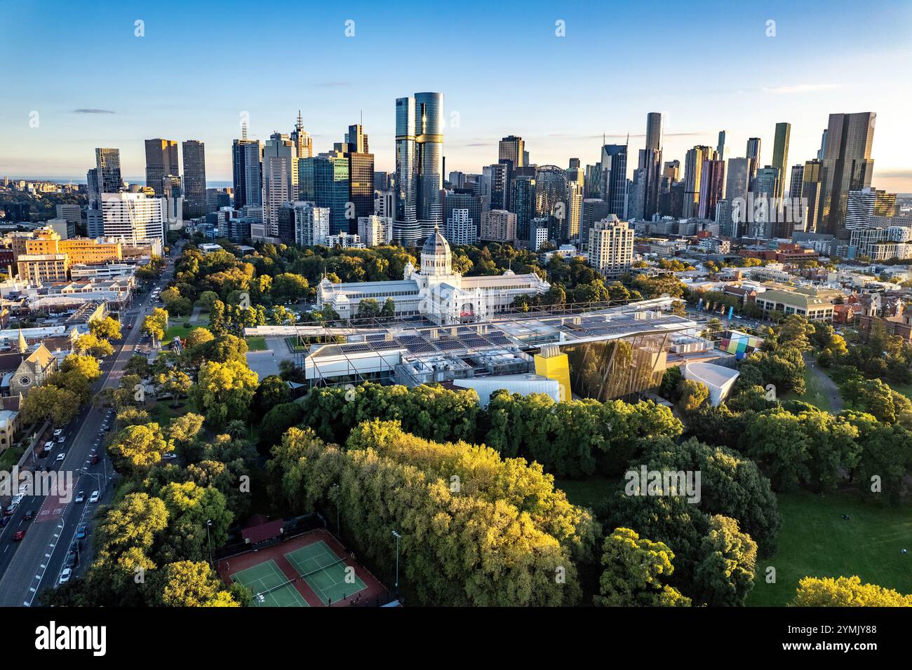 Aerial view of Melbourne city skyline and Carlton Gardens with the ...