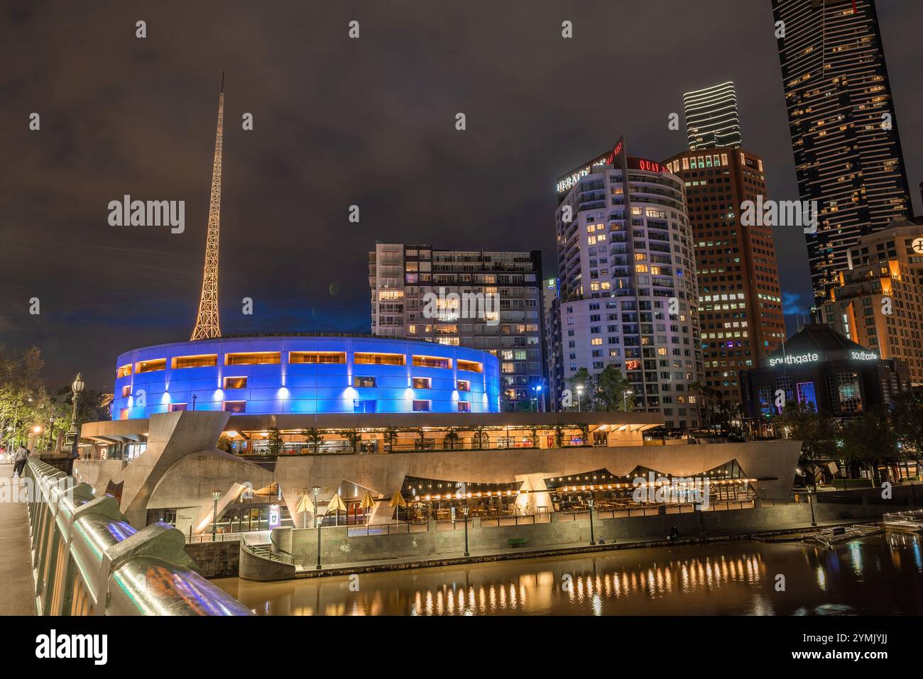 Melbourne's landmark arts centre spire and Hamer Hall on the banks of ...