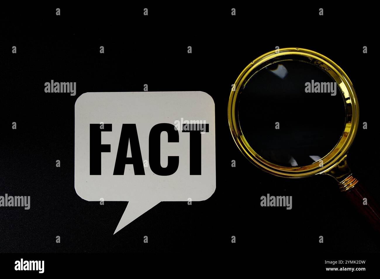 Fact text on speech bubble with magnifying glass top view on black ...