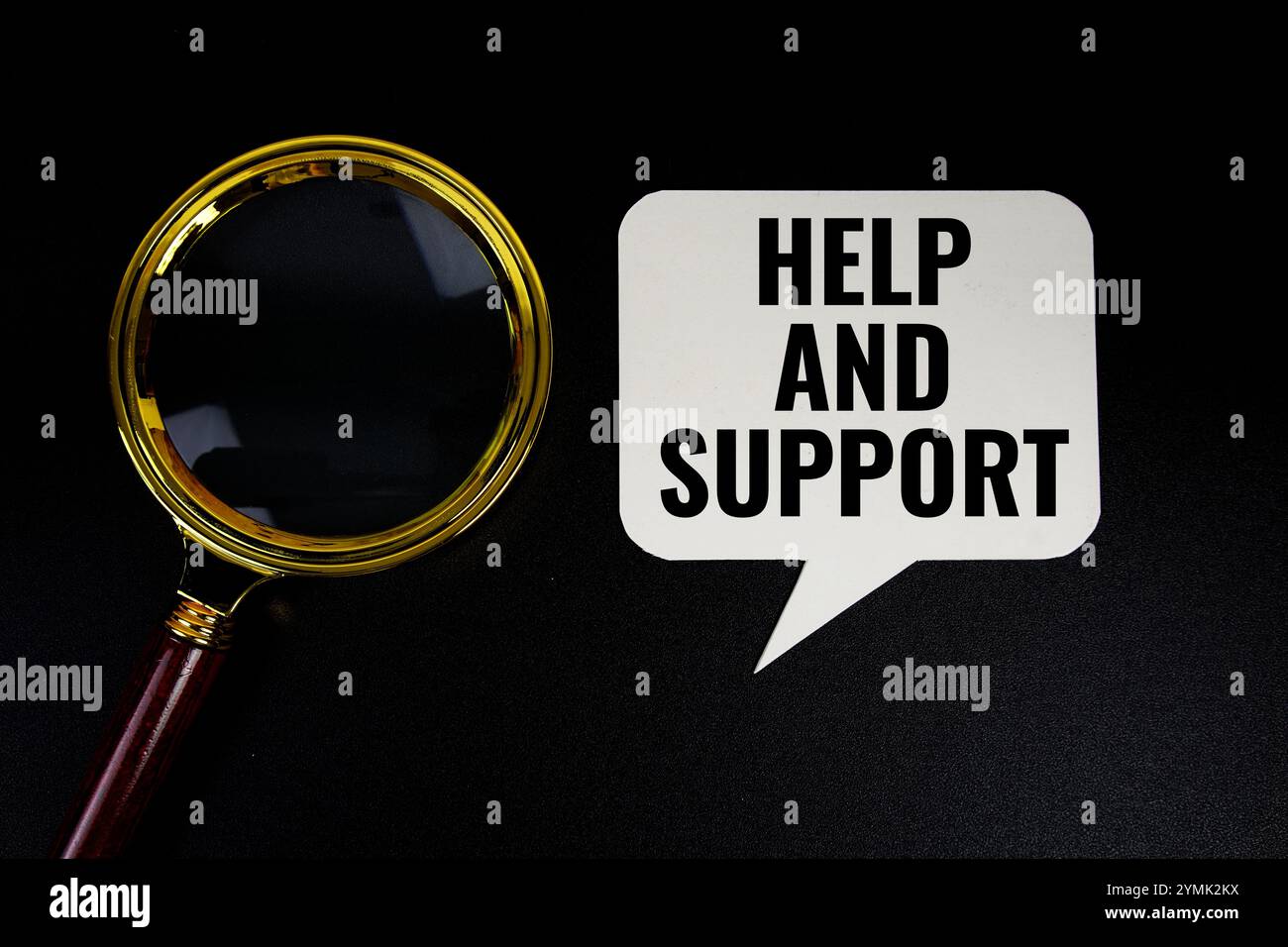 Help and Support text on speech bubble with magnifying glass top view ...