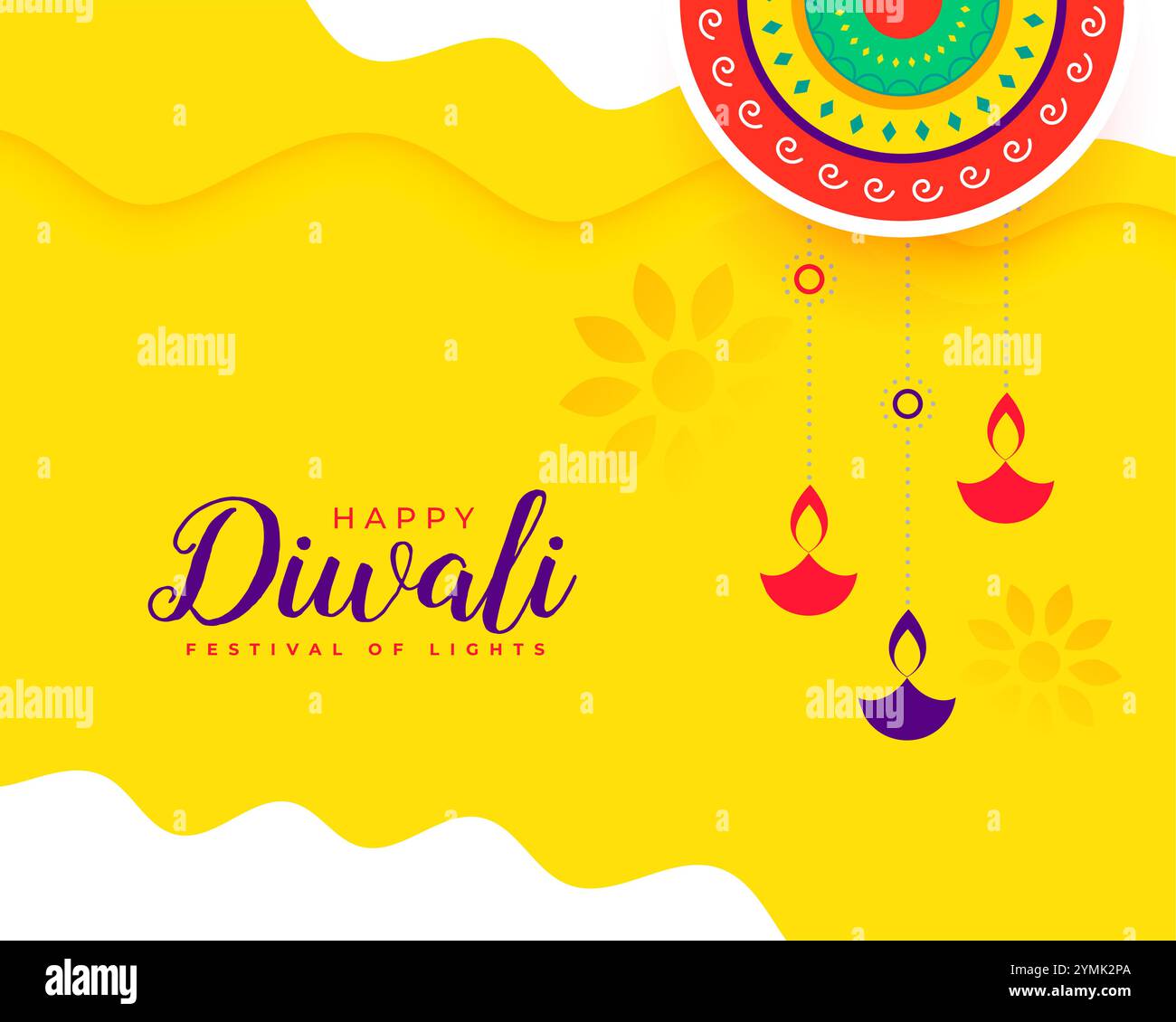 decorative shubh diwali festive yellow background with hanging diya ...