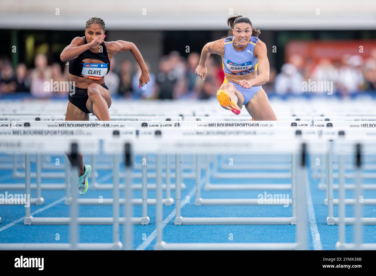 Hurdle Olympians Michelle Jenneke (R) from Australia and Queen Claye (L ...
