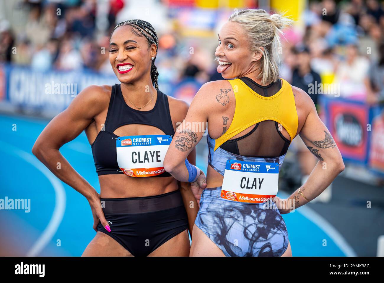 Hurdle Olympians Liz Clay (R) and Queen Claye (L) pose for a photograph ...