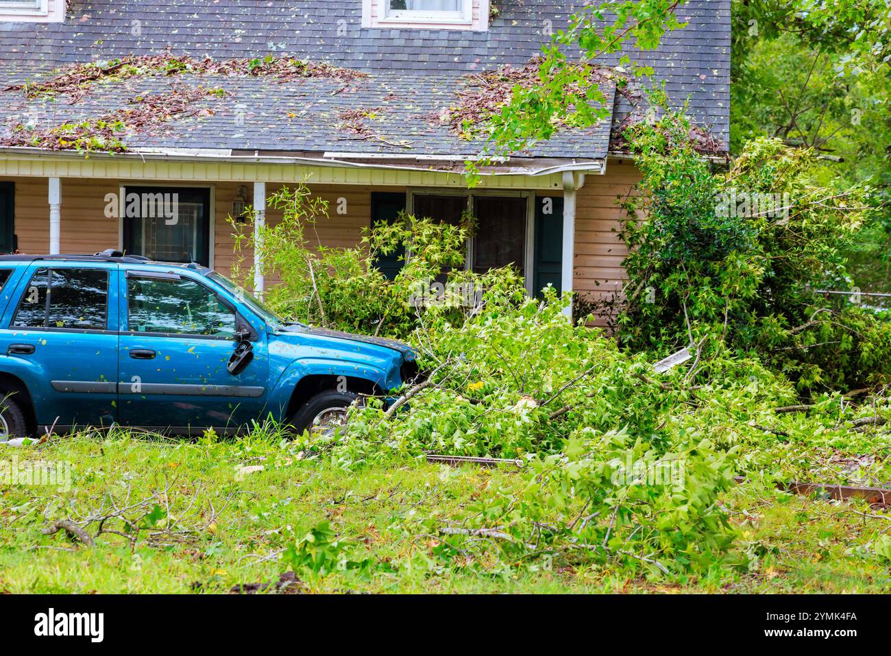 SUV is partially obstructed by fallen branches foliage in front of home ...