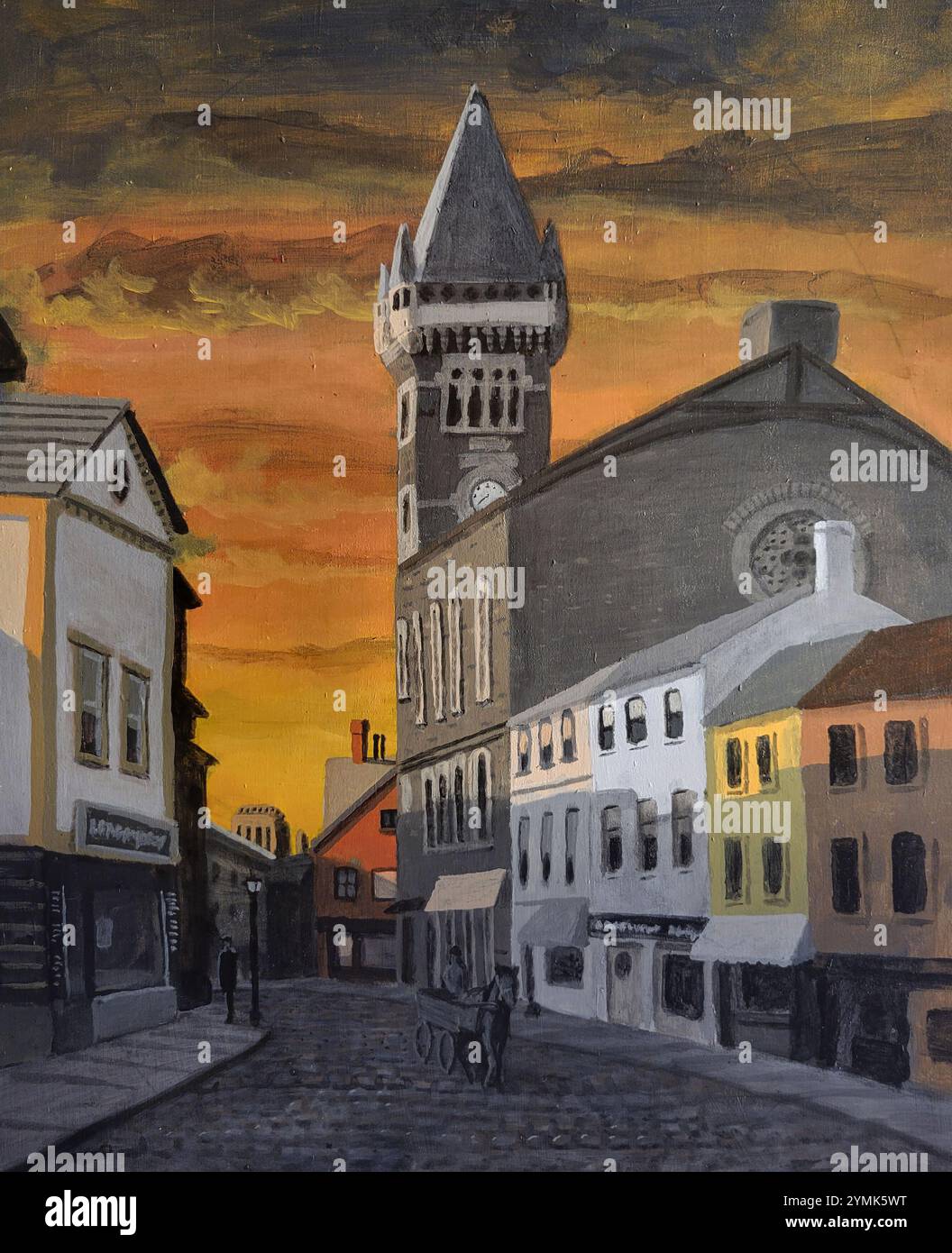 Vintage 1900s scene of the Main Street in Abergavenny, Wales, as dawn ...