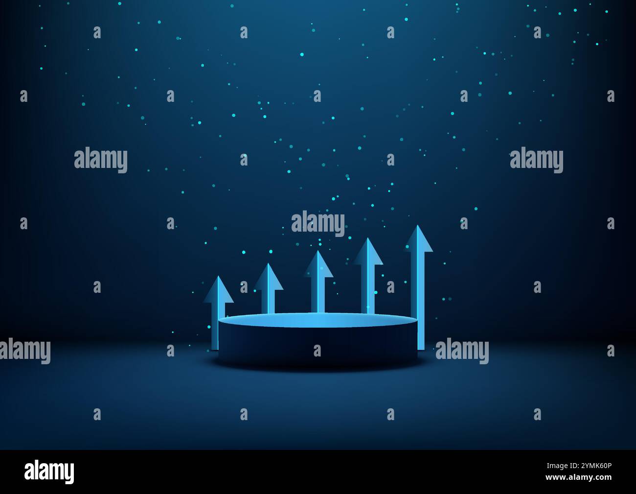 3D glowing blue pedestal with upward arrows, symbolizing growth and progress in business ...