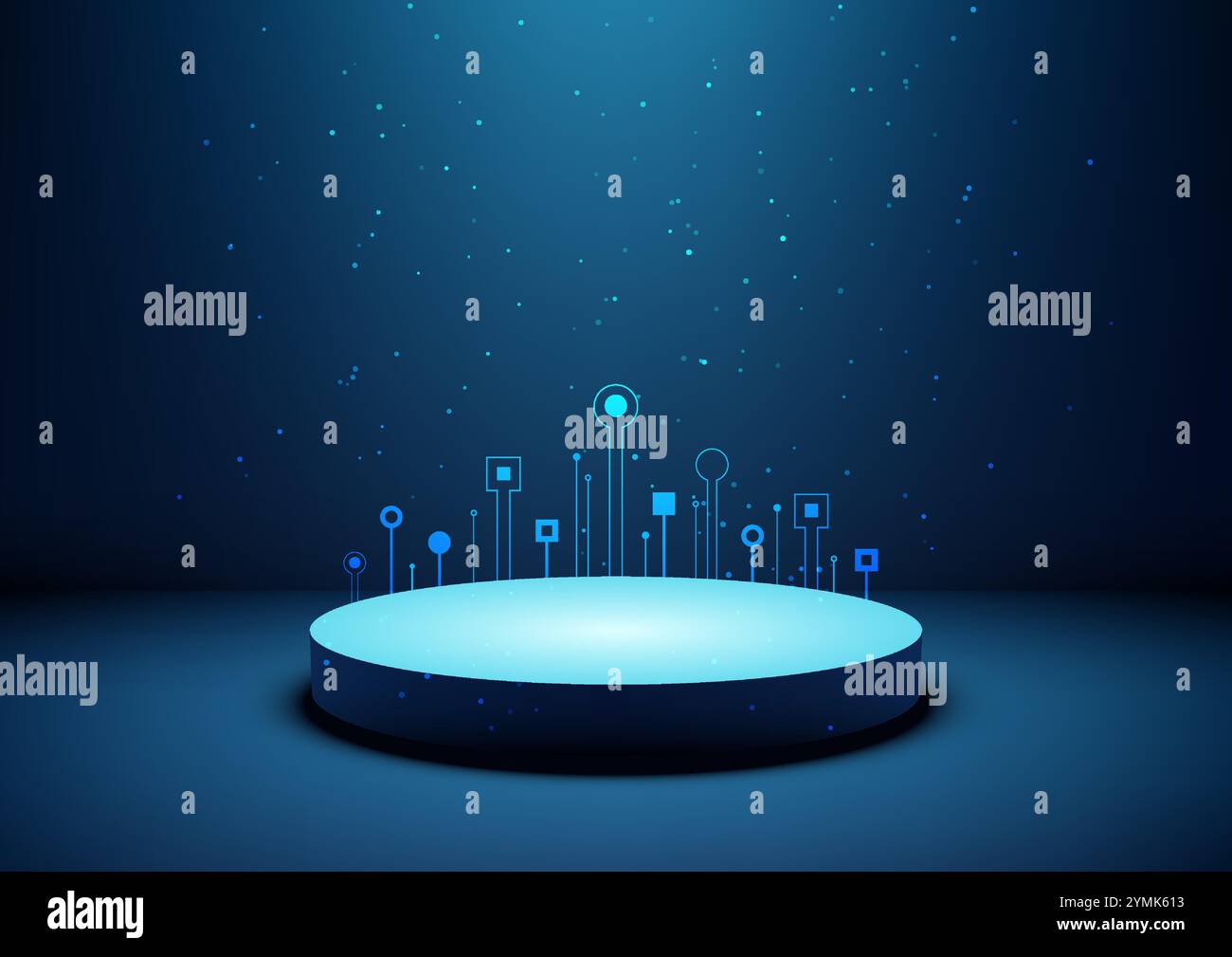 A modern 3D blue stage with illuminated circuits offers a sleek ...