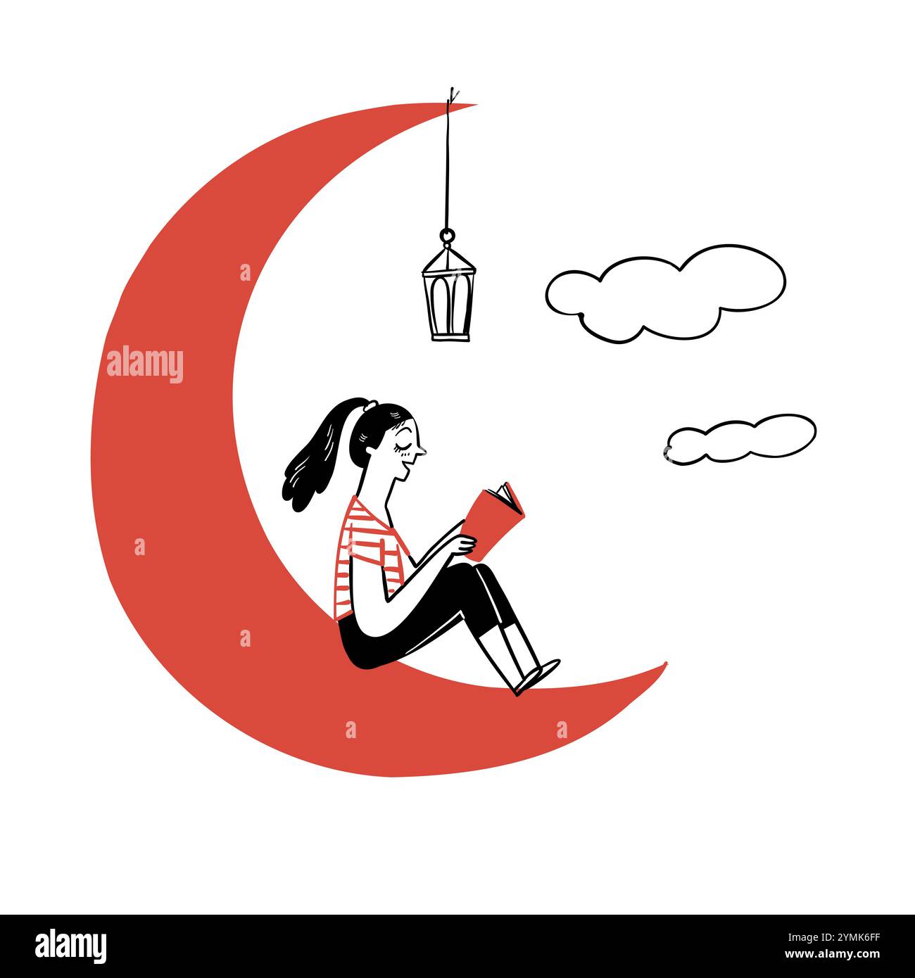 The girl sitting on the moon reading a book, Hand drawn vector ...