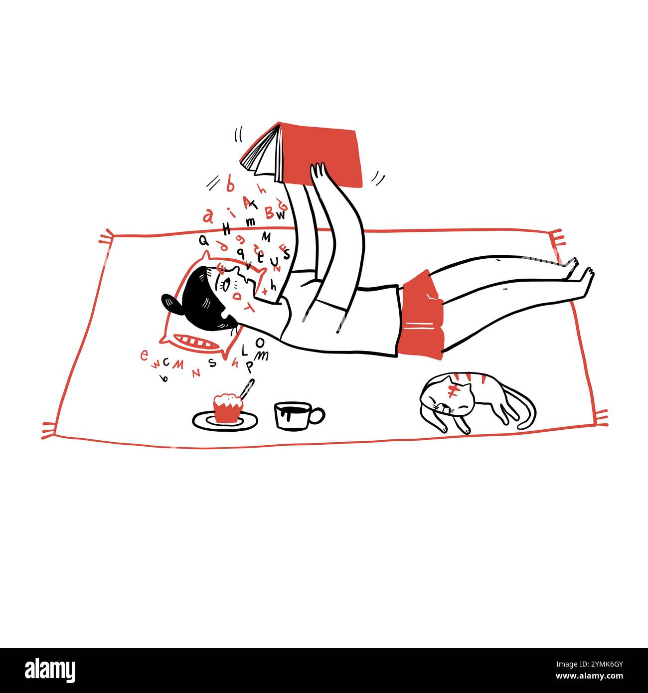 Young woman resting, reading a book, Hand drawn vector illustration ...