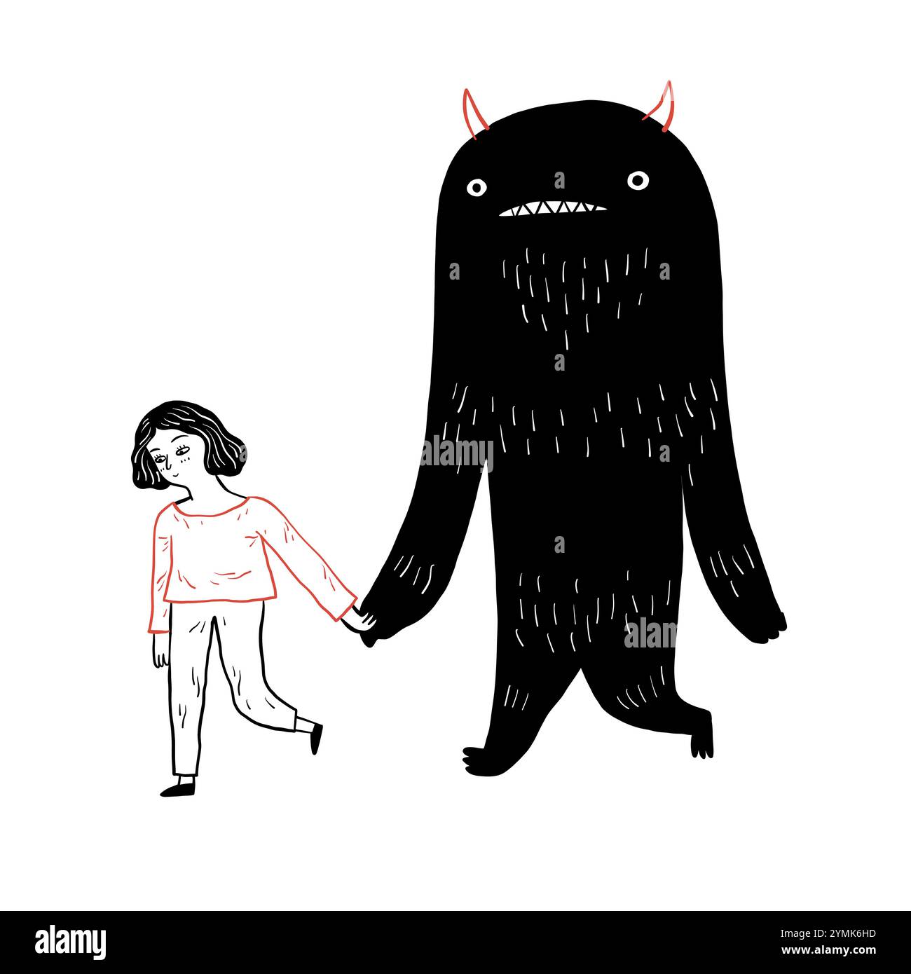 The young girl walking hand in hand with big black monster. Vector ...