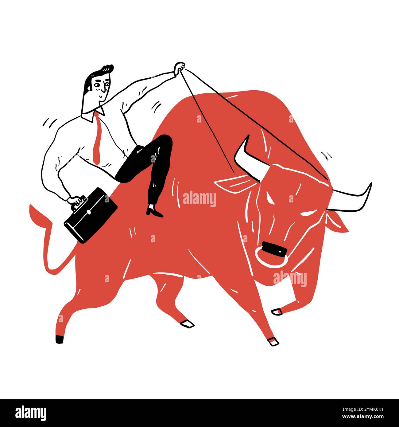 Businessman is riding a skittish bull. Vector illustration hand drawn ...