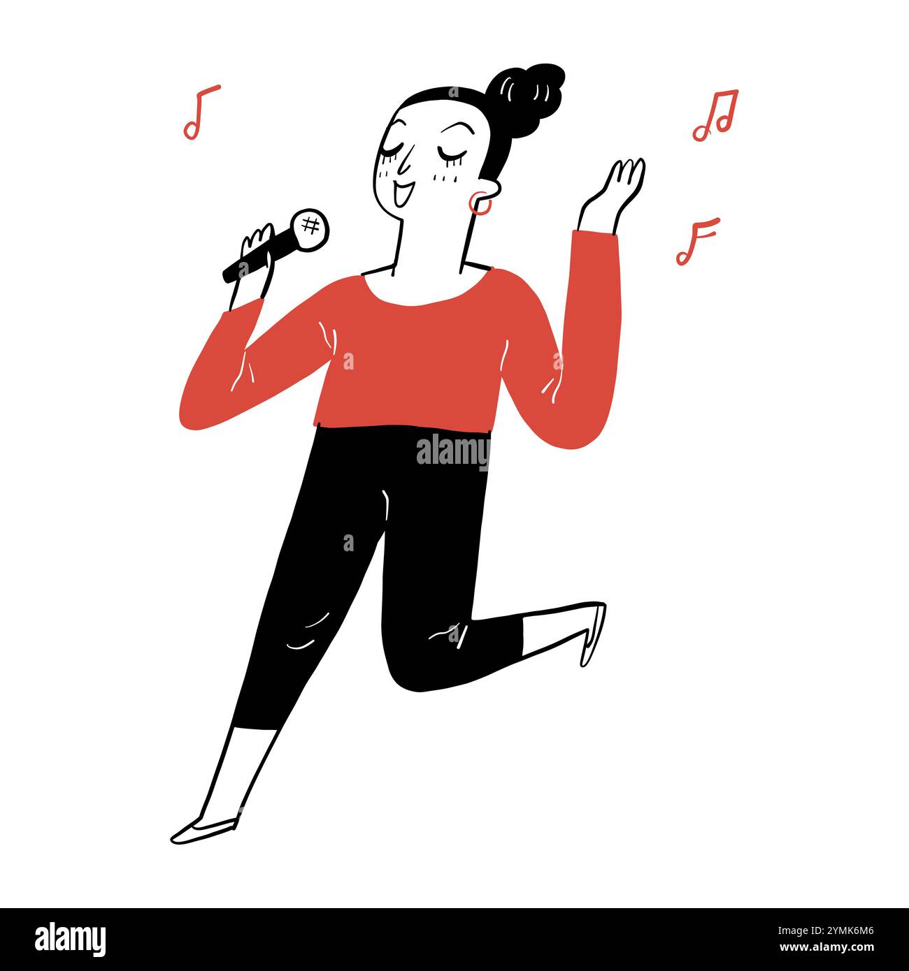 The pretty girl is holding a microphone singing. Hand drawing vector ...
