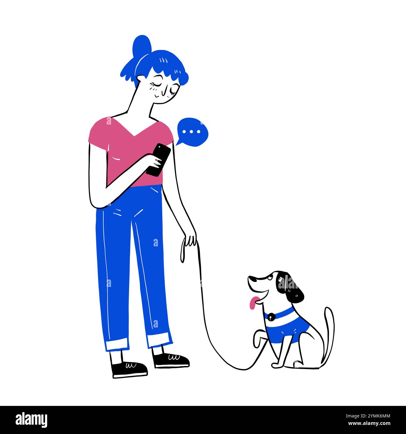 The pretty girl walking her dog in the park with a leash while texting ...