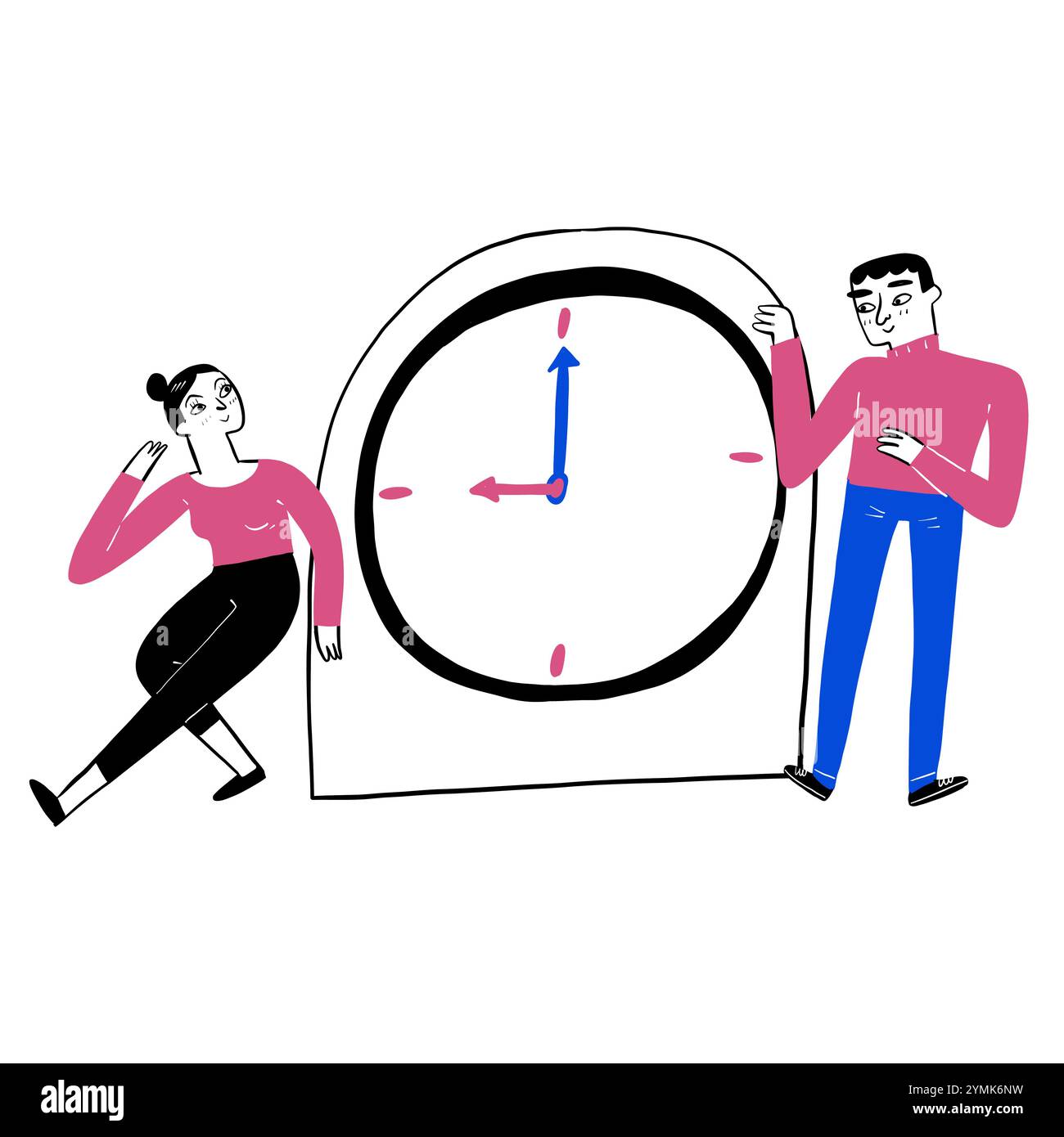 The couple is between a big clock. Hand drawn vector illustration Stock ...