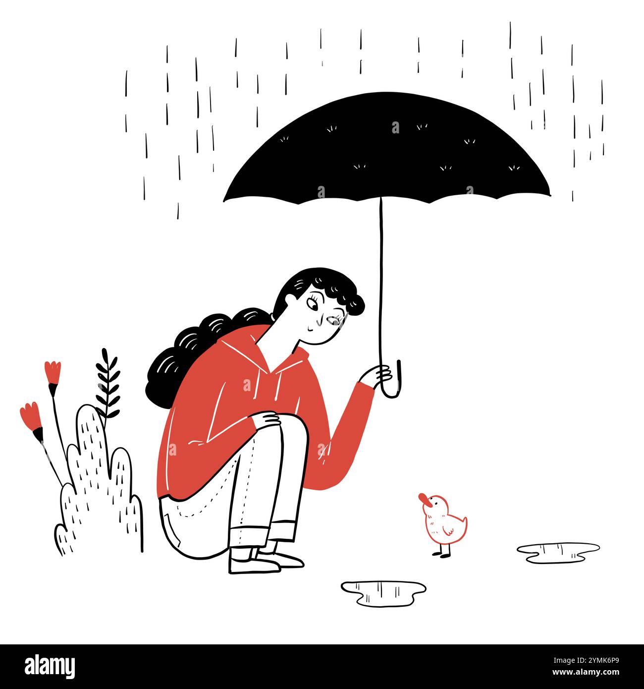 The pretty girl and little duck hiding from the rain under a striped ...