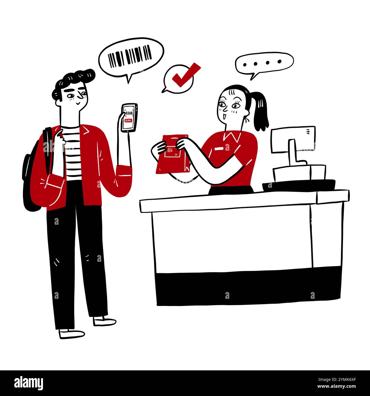 Young man scanning barcode at checkout supermarket. Hand drawn vector ...