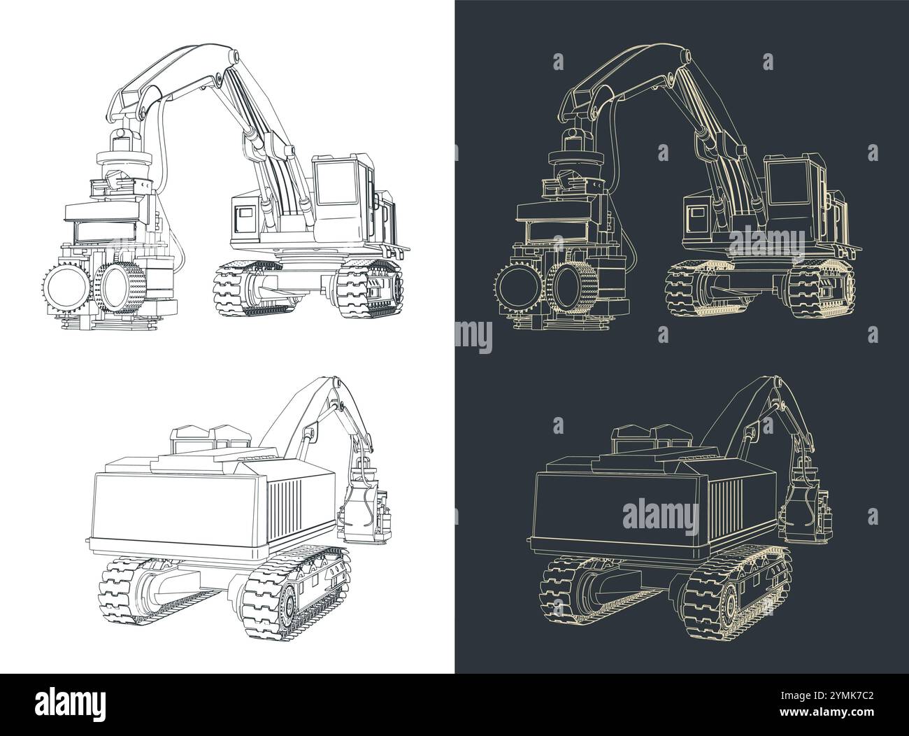 Stylized vector illustrations of a crawler forestry harvester Stock ...