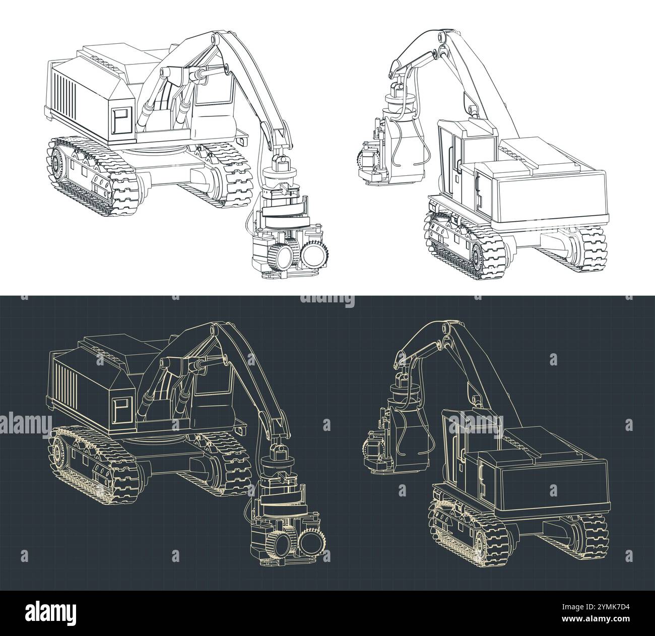 Stylized vector illustrations of isometric blueprints of a crawler ...