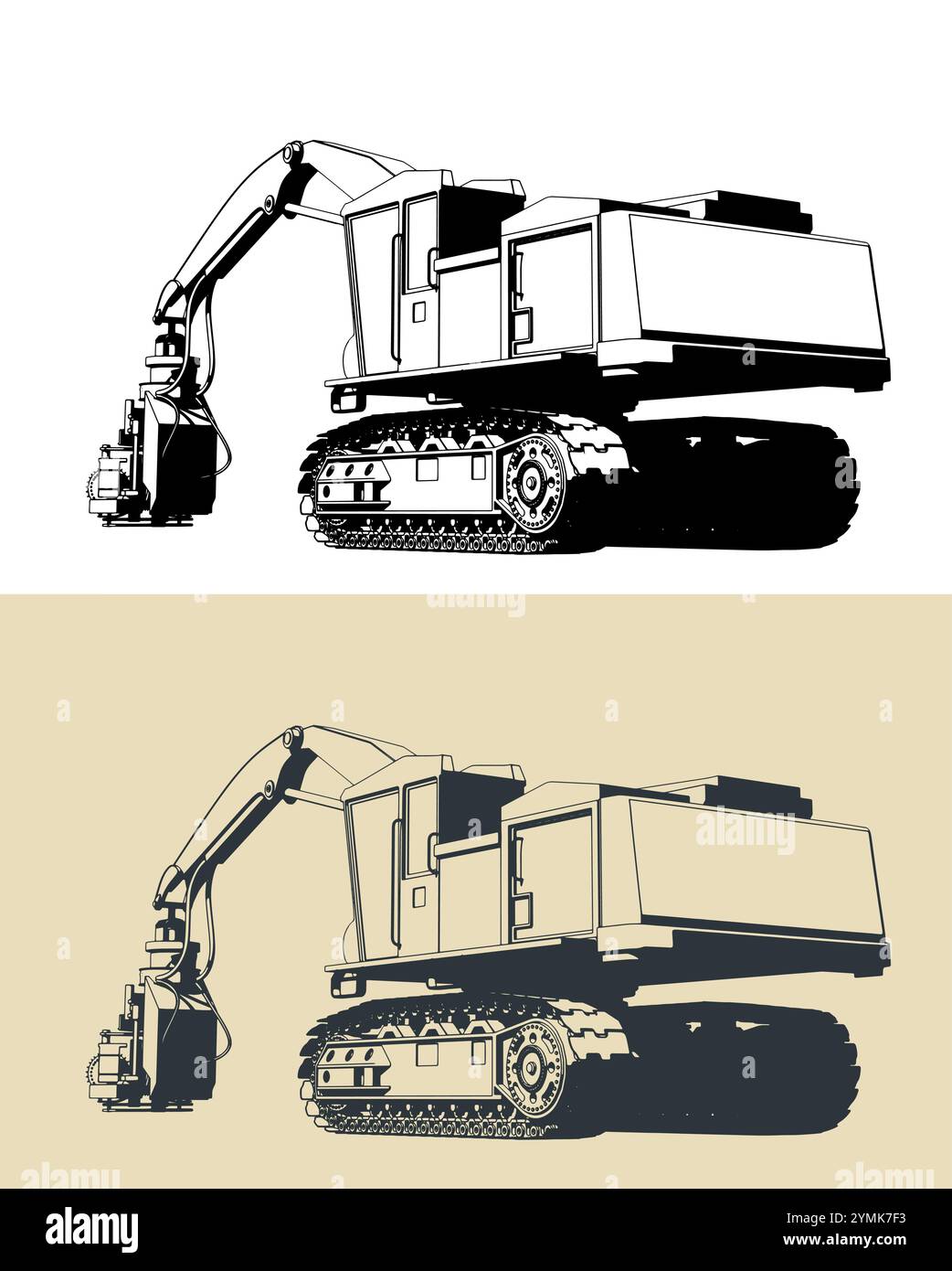 Stylized vector illustrations of a crawler forestry harvester Stock ...