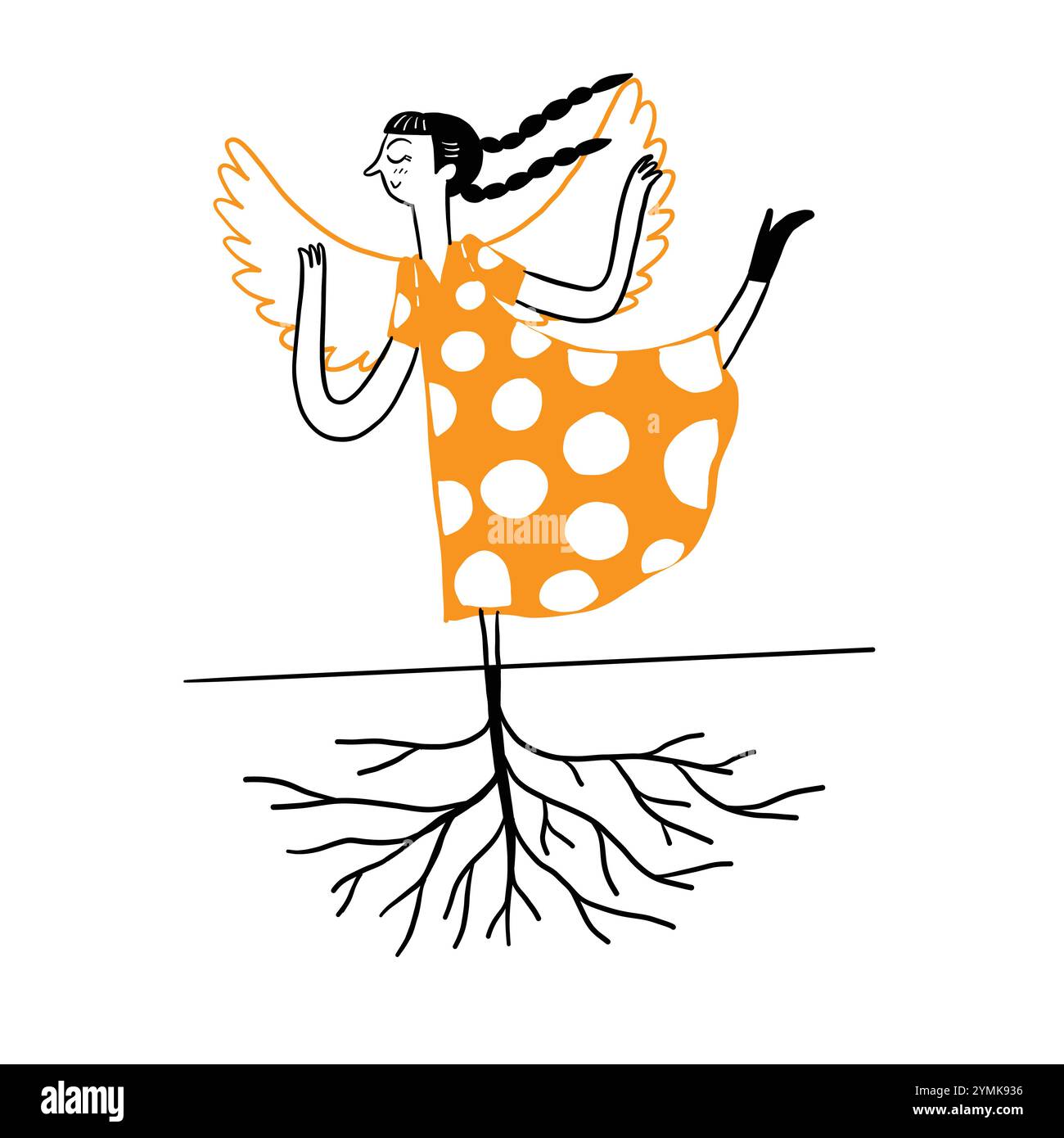 The girl with roots and wings. Hand drawing vector illustration line ...