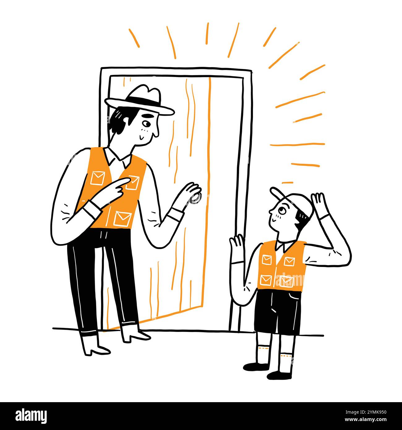 A little boy is talking to his father about something outside the door ...