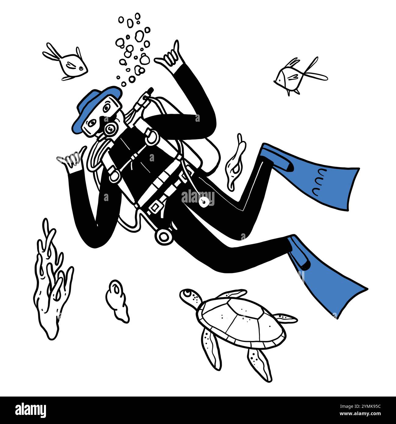 Illustration of a scuba diver with sea animals such as sea turtles ...