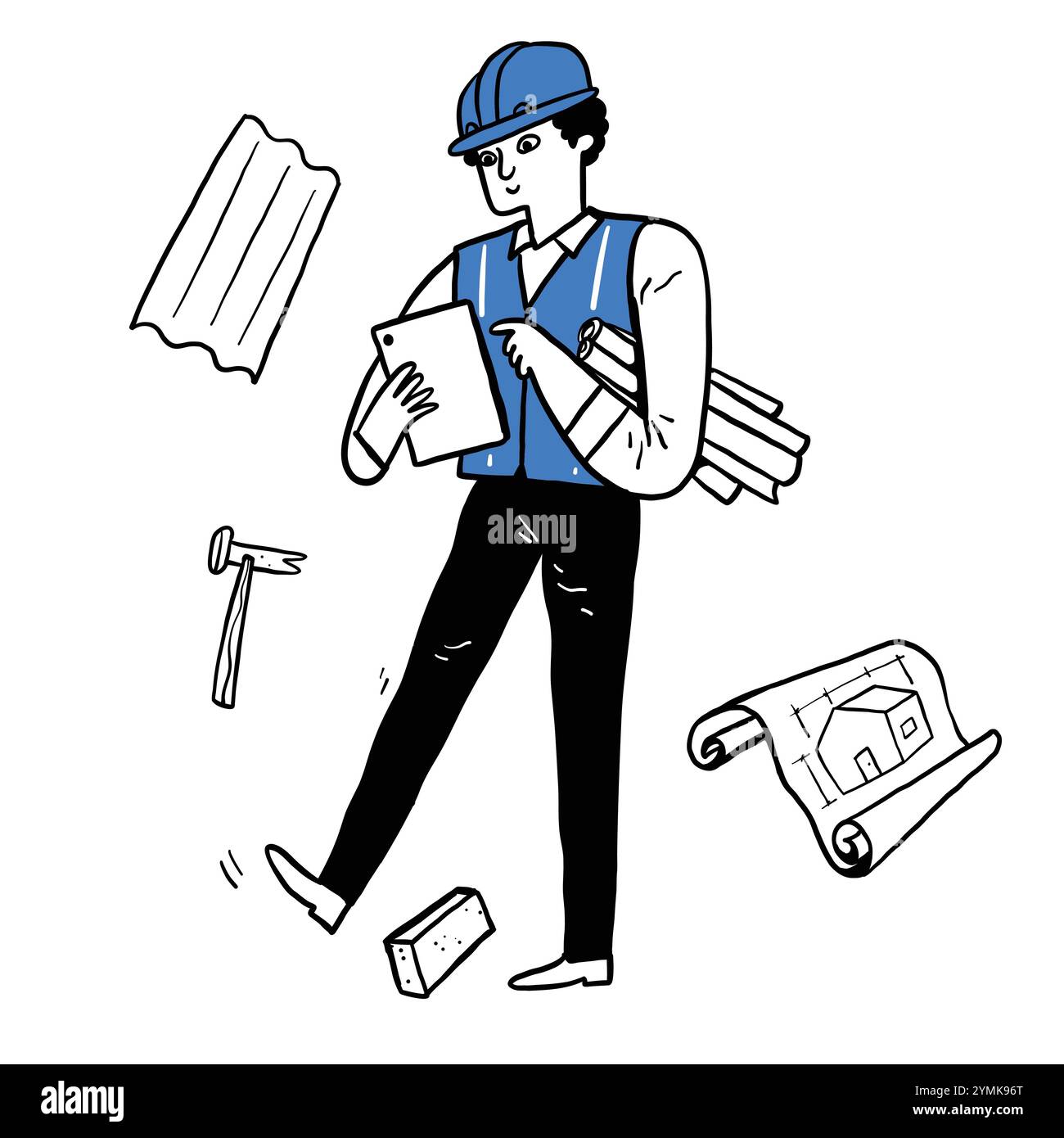 Illustration of construction engineer busy with work, Hand drawn ...