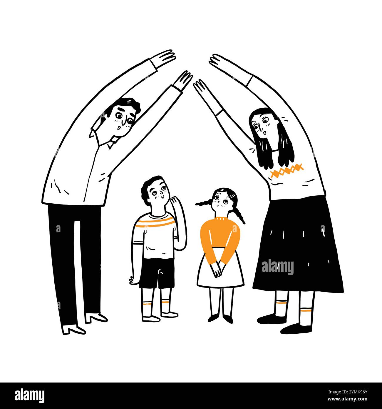 Parents pose with their arms over their children's heads to protect ...