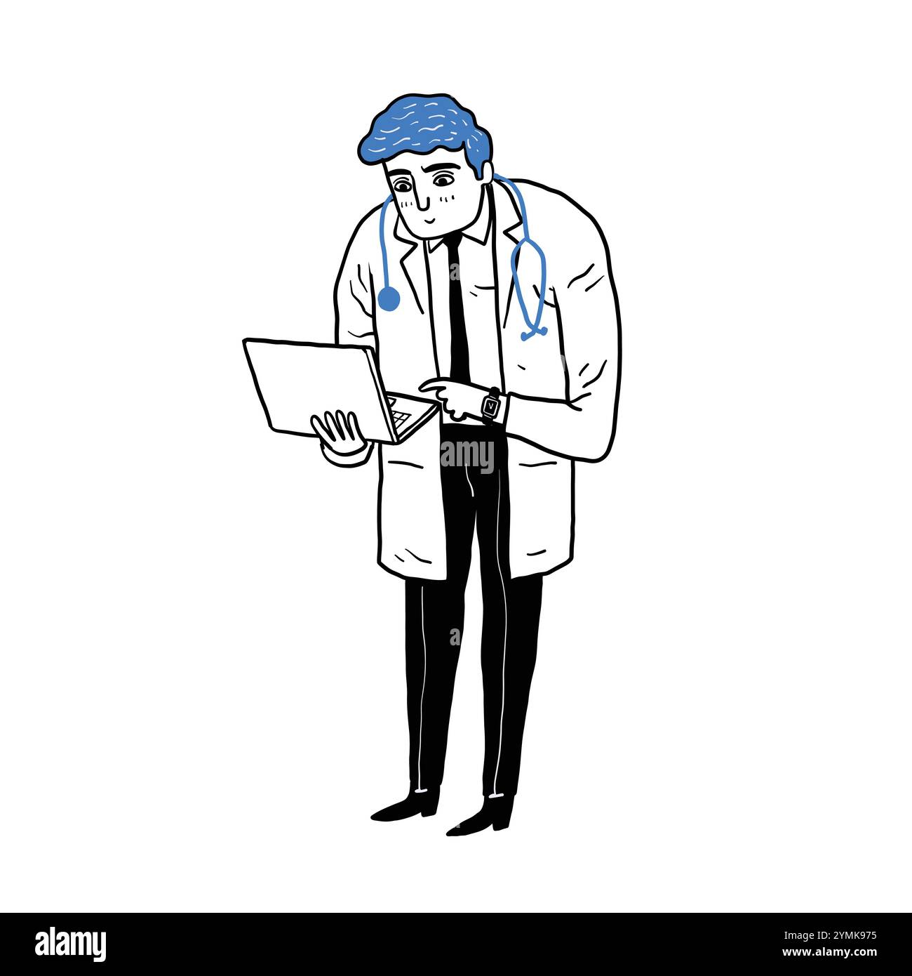 A doctor using the laptop. Hand drawn illustration line art doodle ...
