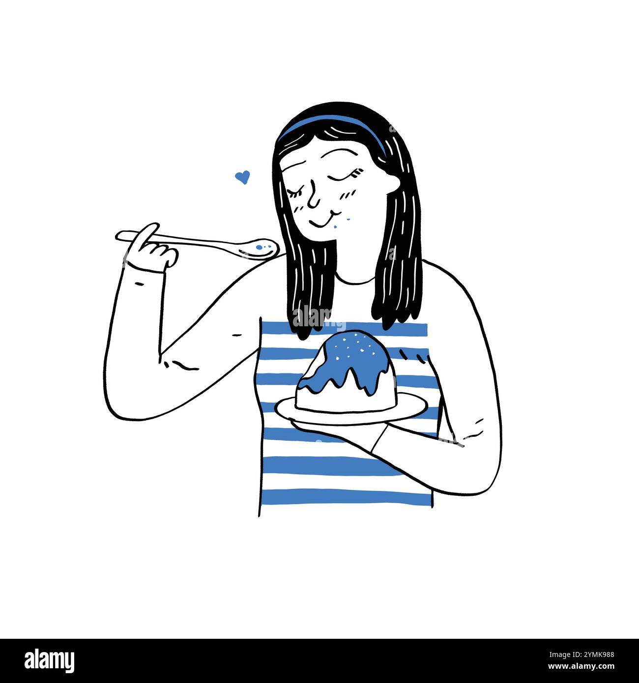 Woman eating sweets from a large bowl. Hand drawn vector illustration ...