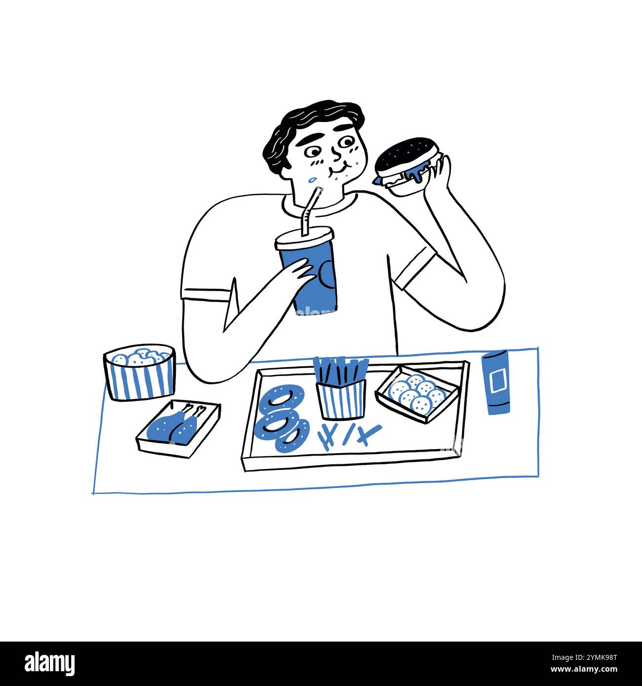 Man eating burger and junk food. Hand drawn vector illustration line ...