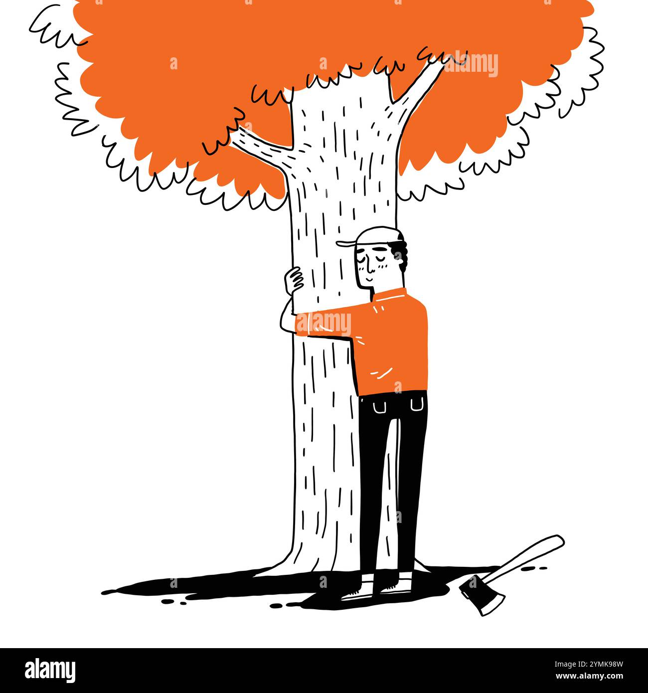 Young man hugging a tree, Hand drawing vector illustration line art ...