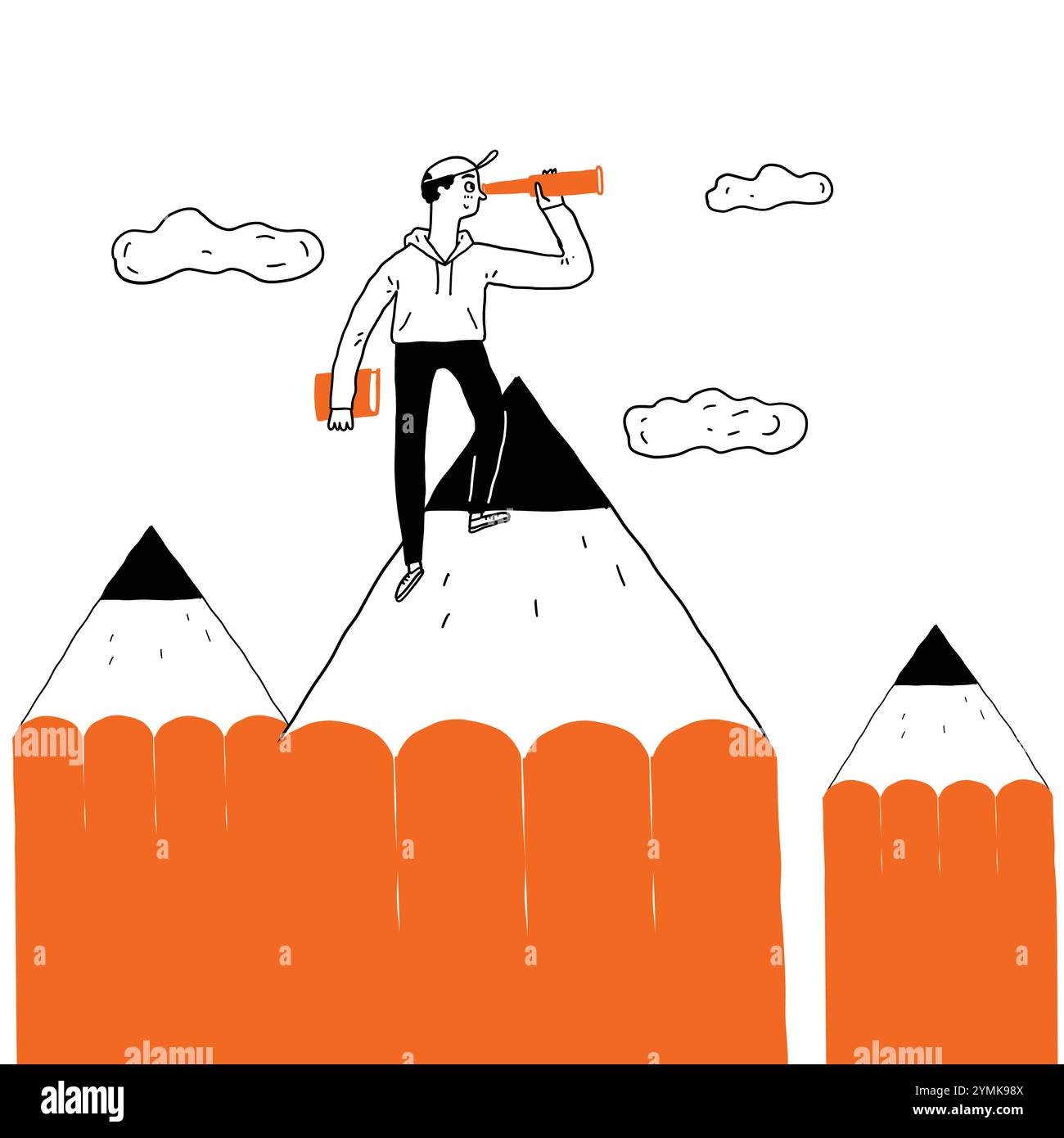 A young man stands on the highest point and looks ahead with a ...