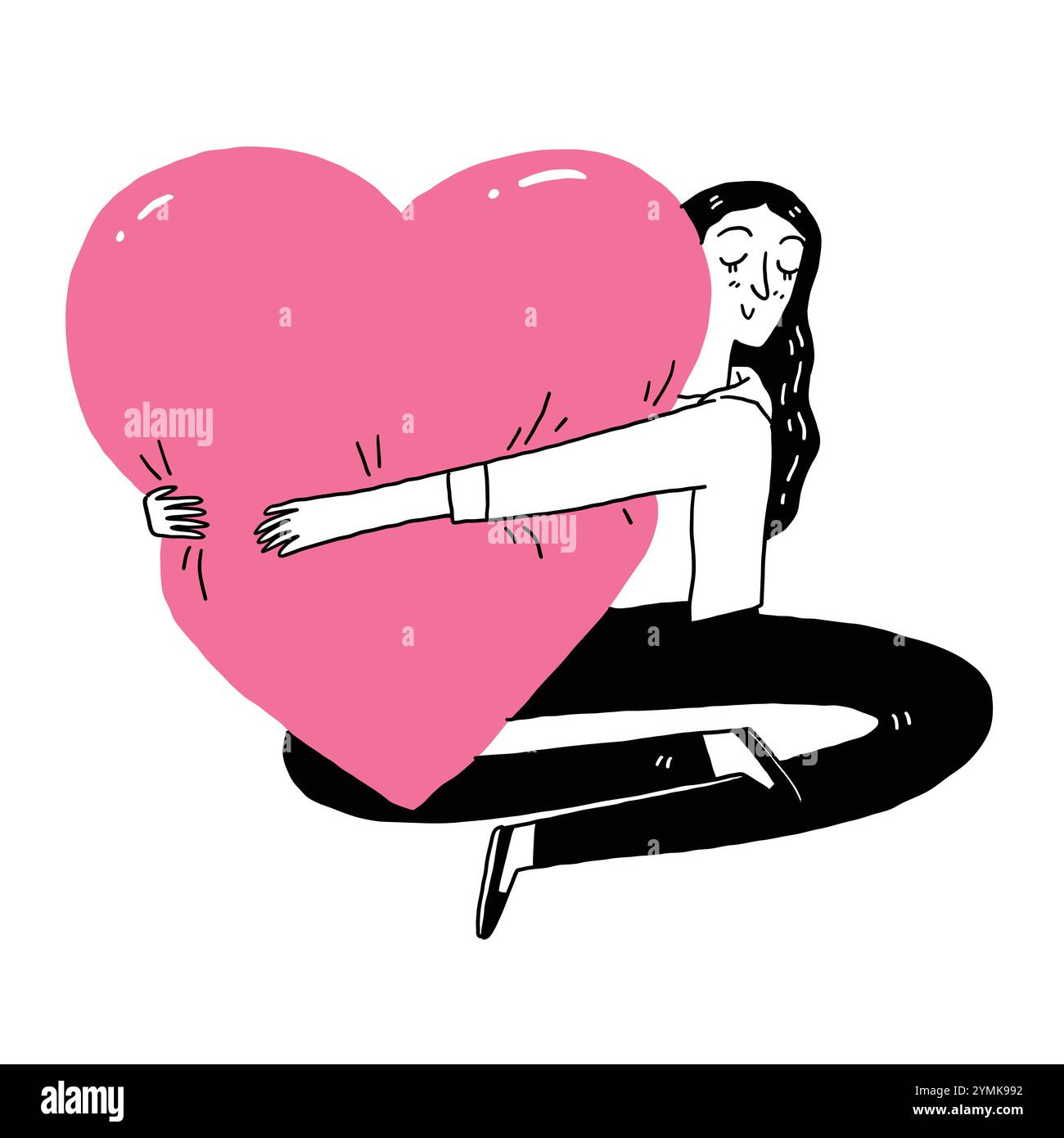 Young woman hugging a large heart-shaped pillow, Hand drawing vector ...