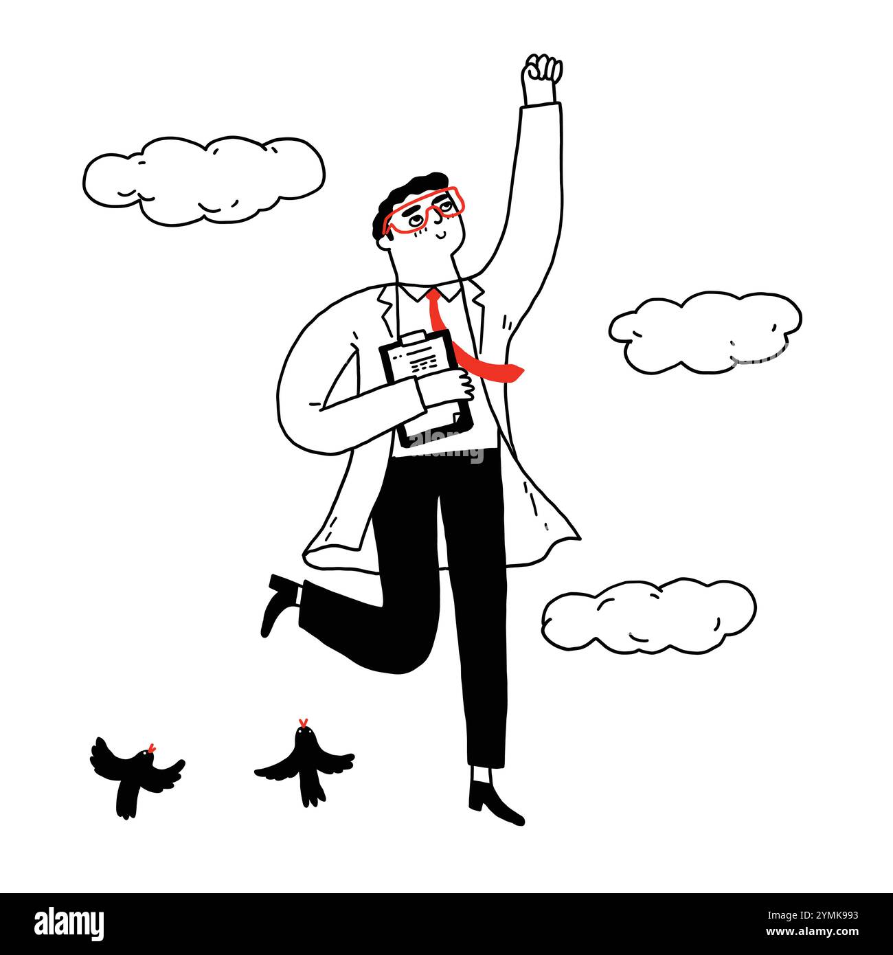 Doctor or scientist flying into the air. Hand drawn vector illustration ...